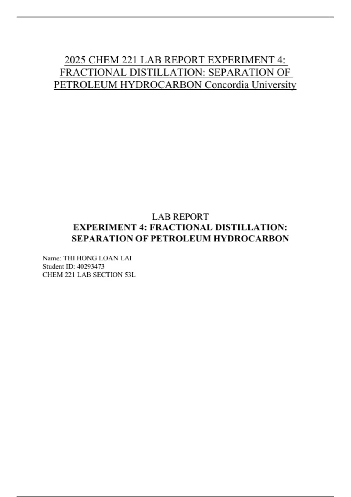 2025 CHEM 221 LAB REPORT EXPERIMENT 4: FRACTIONAL DISTILLATION ...