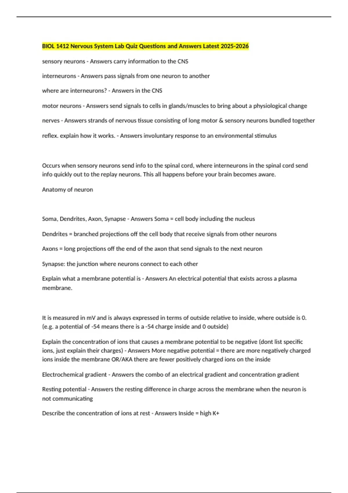 BIOL 1412 Nervous System Lab Quiz Questions and Answers Latest - BIOL ...