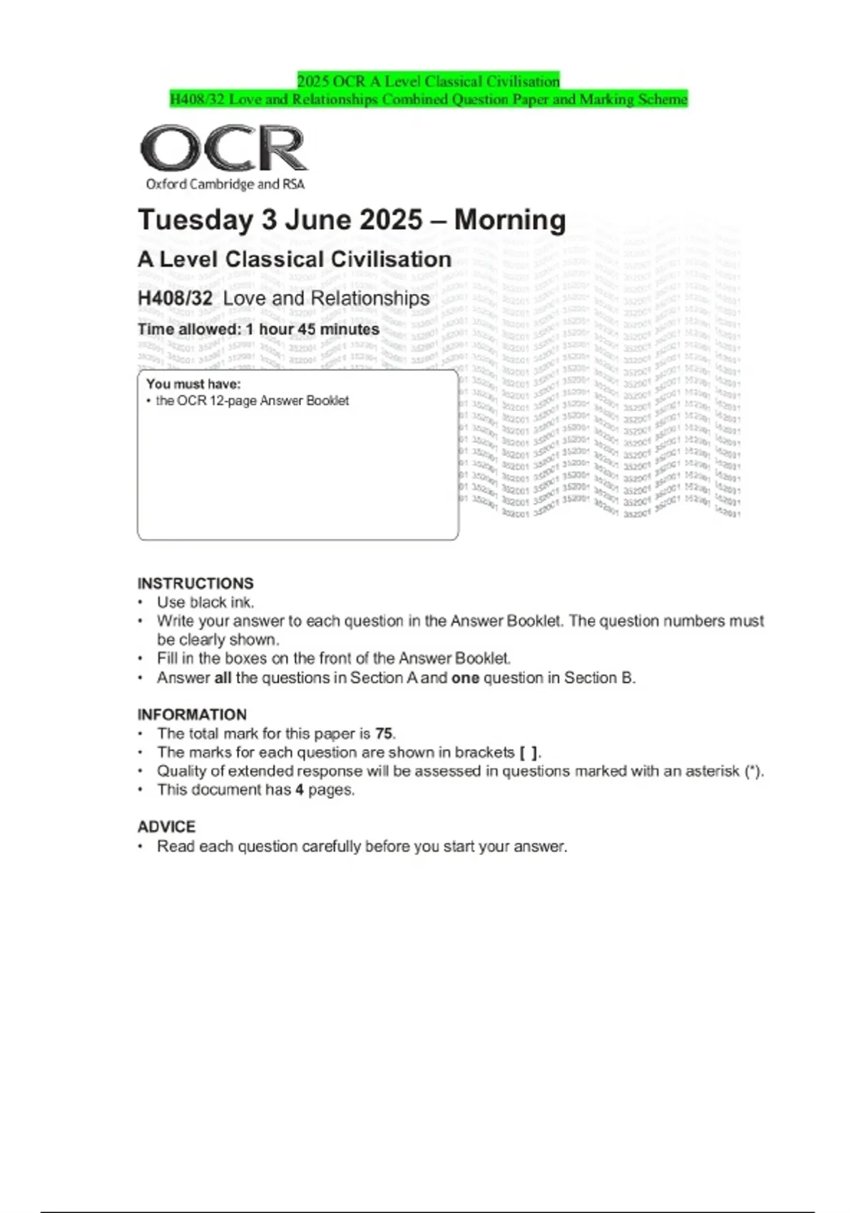 2025 OCR A Level Classical Civilisation H408/32 Love and Relationships ...