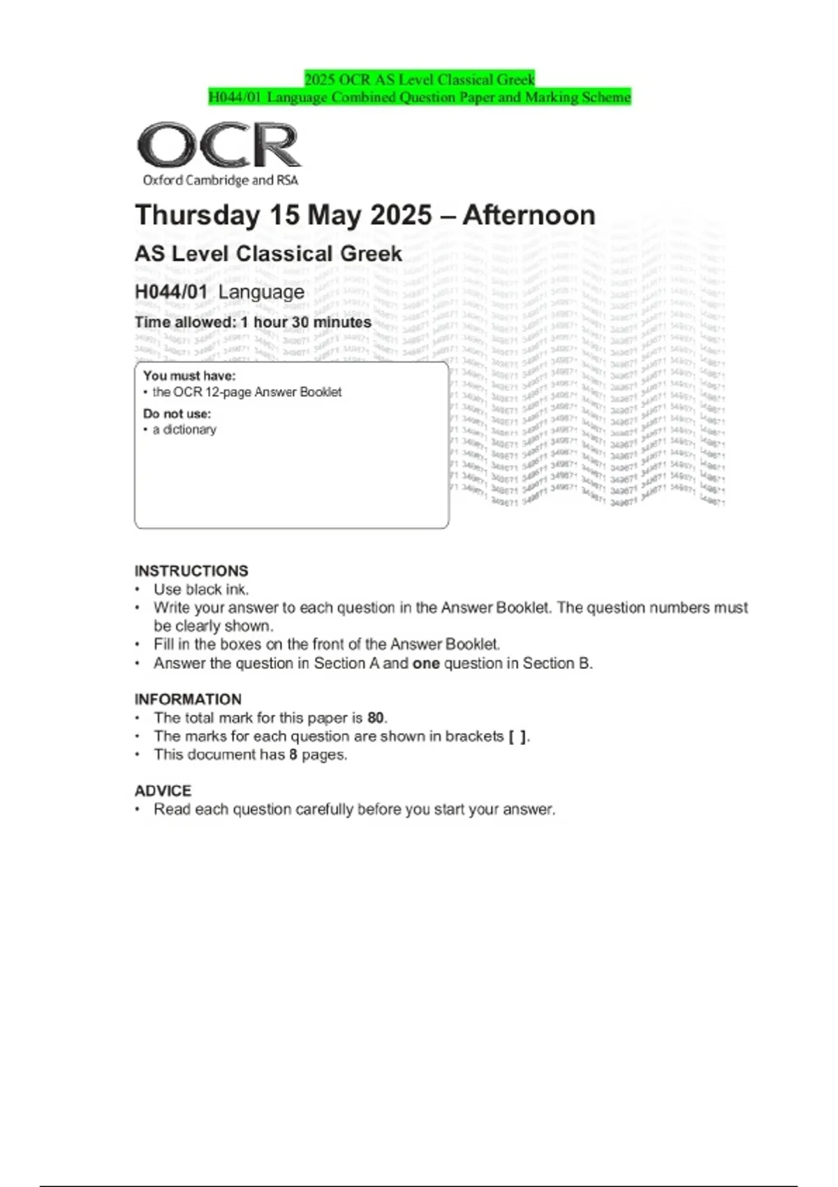 PACKAGE DEAL-::2025 OCR AS Level|A Level Classical Greek Exams|Combined ...