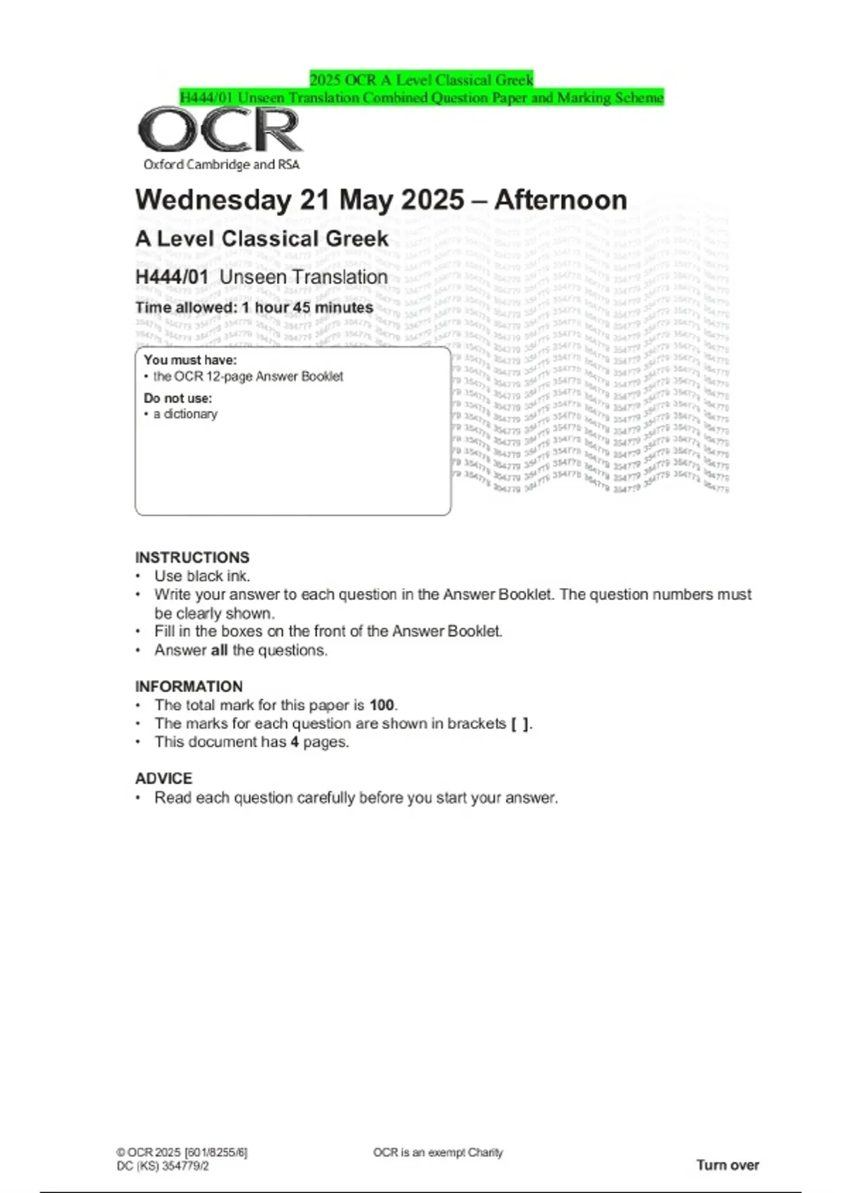 2025 OCR A Level Classical Greek H444/01 Unseen Translation Combined ...
