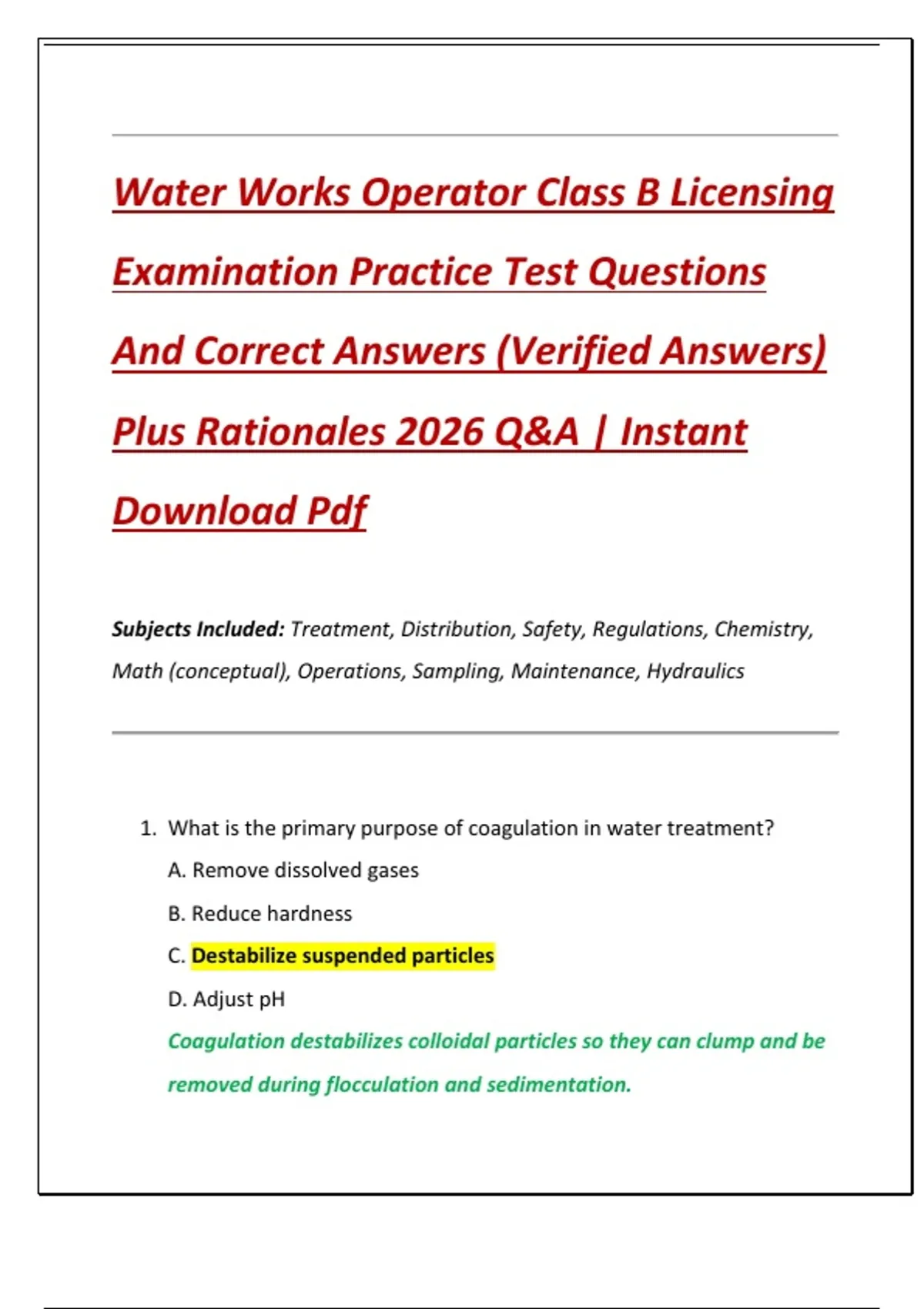 Water Works Operator Class B Licensing Examination Practice Test ...