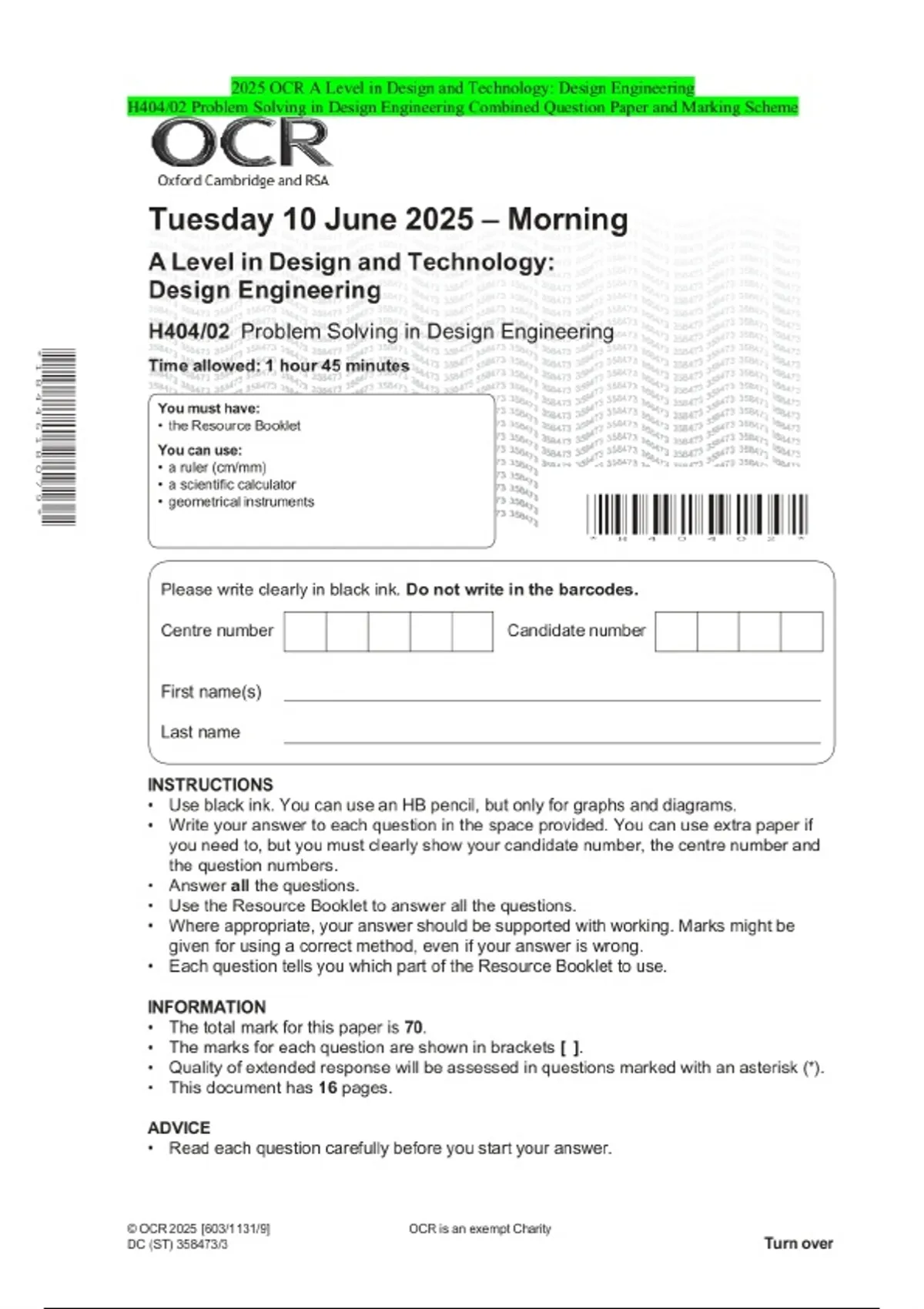 2025 OCR A Level in Design and Technology: Design Engineering H404/02 ...