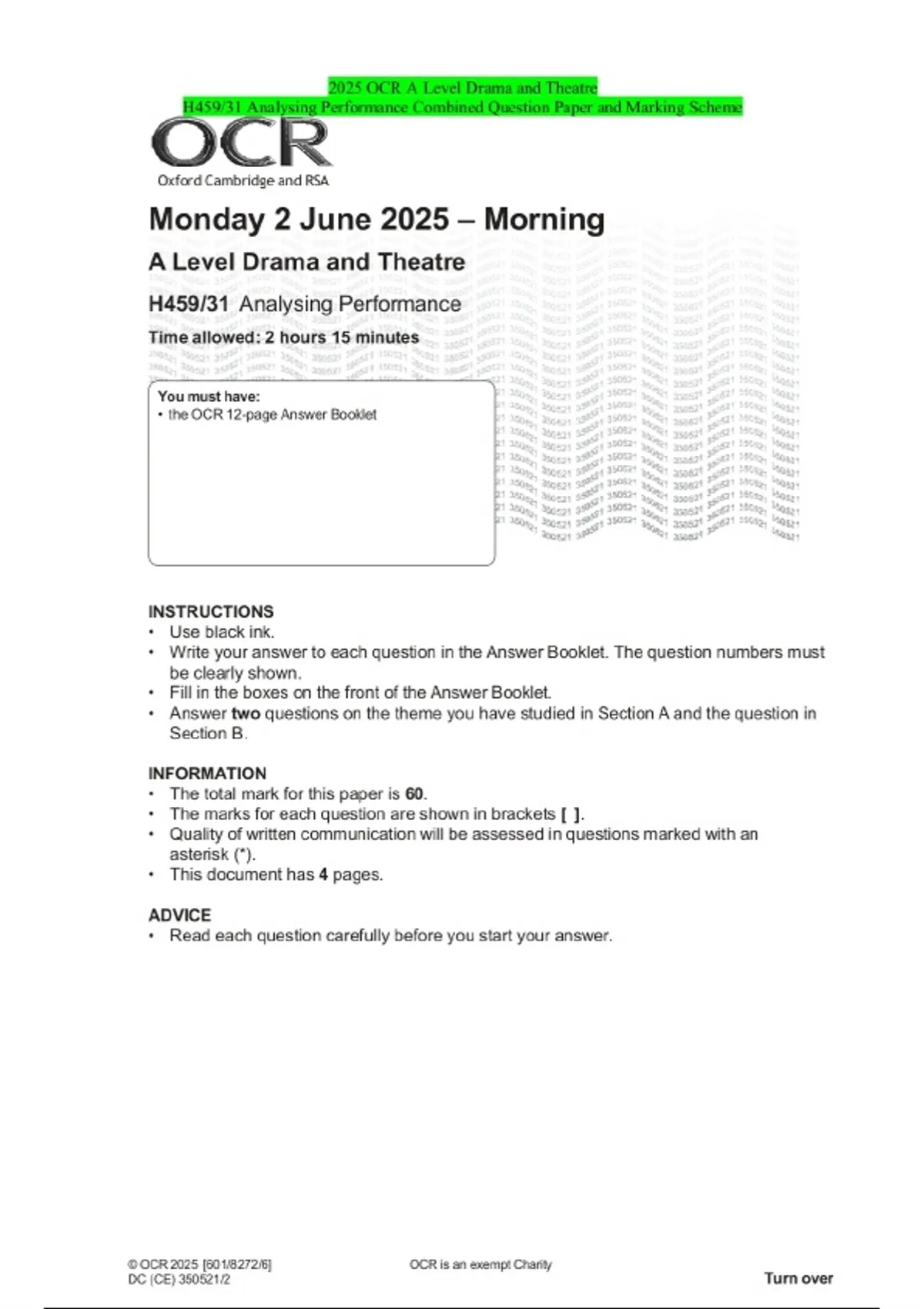 2025 OCR A Level Drama and Theatre H459/31 Analysing Performance ...