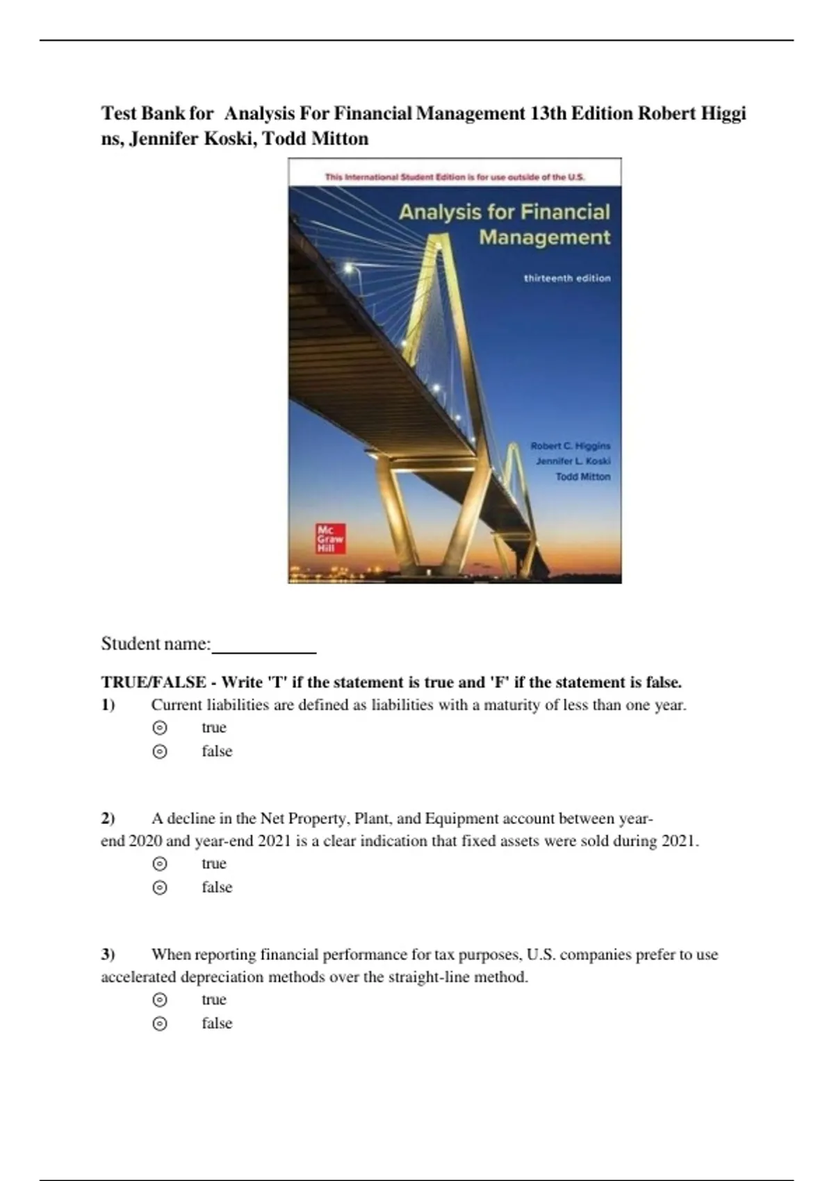 TEST BANK FOR ISE Analysis for Financial Management 13th Edition by ...