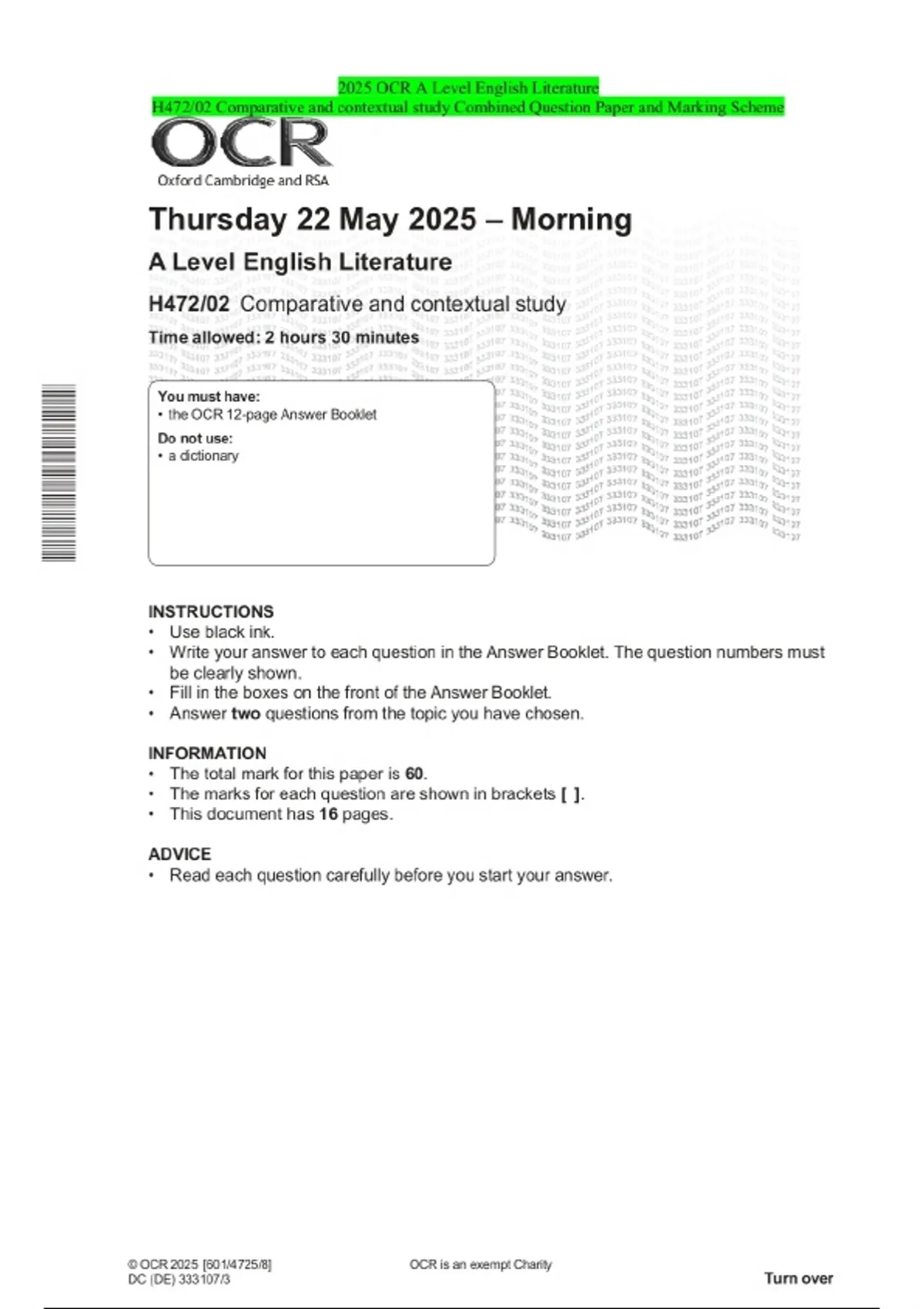 2025 OCR A Level English Literature H472/02 Comparative and contextual ...