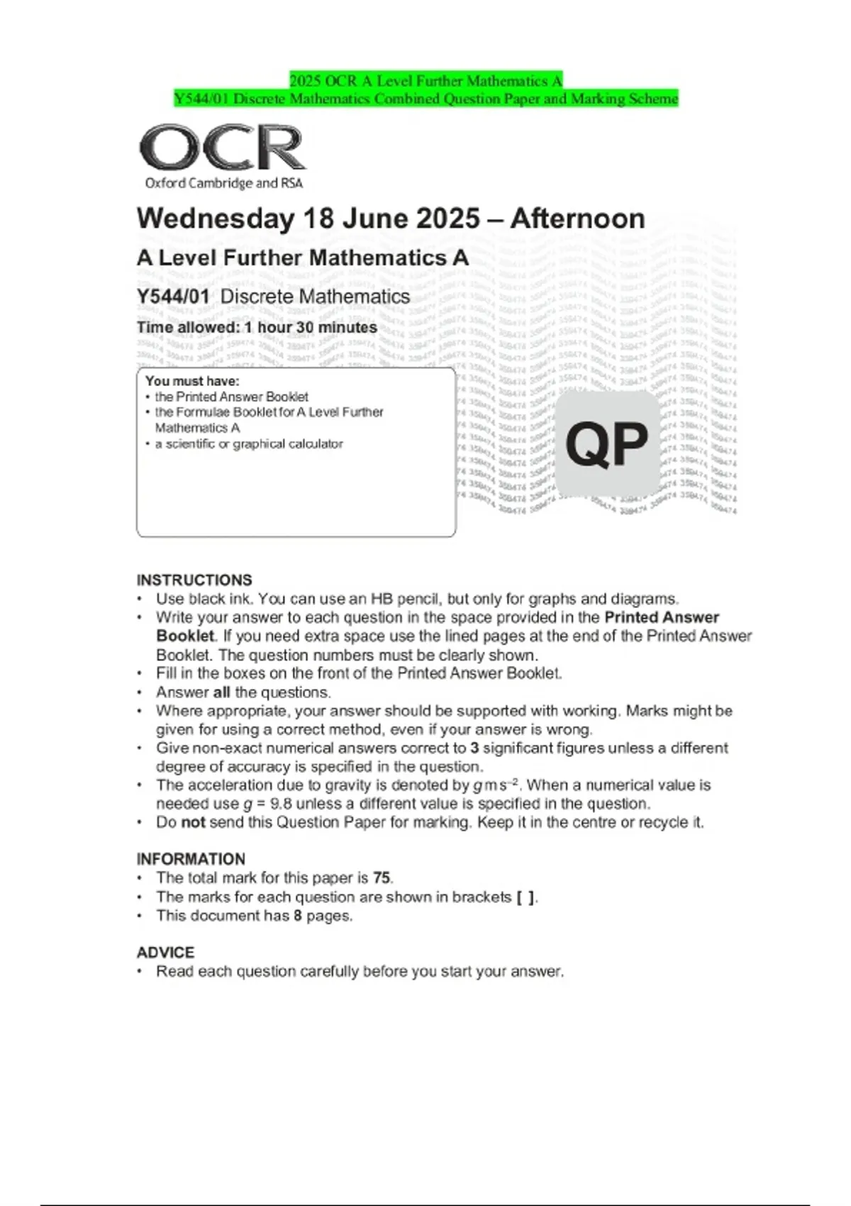 2025 OCR A Level Further Mathematics A Y544/01 Discrete Mathematics ...