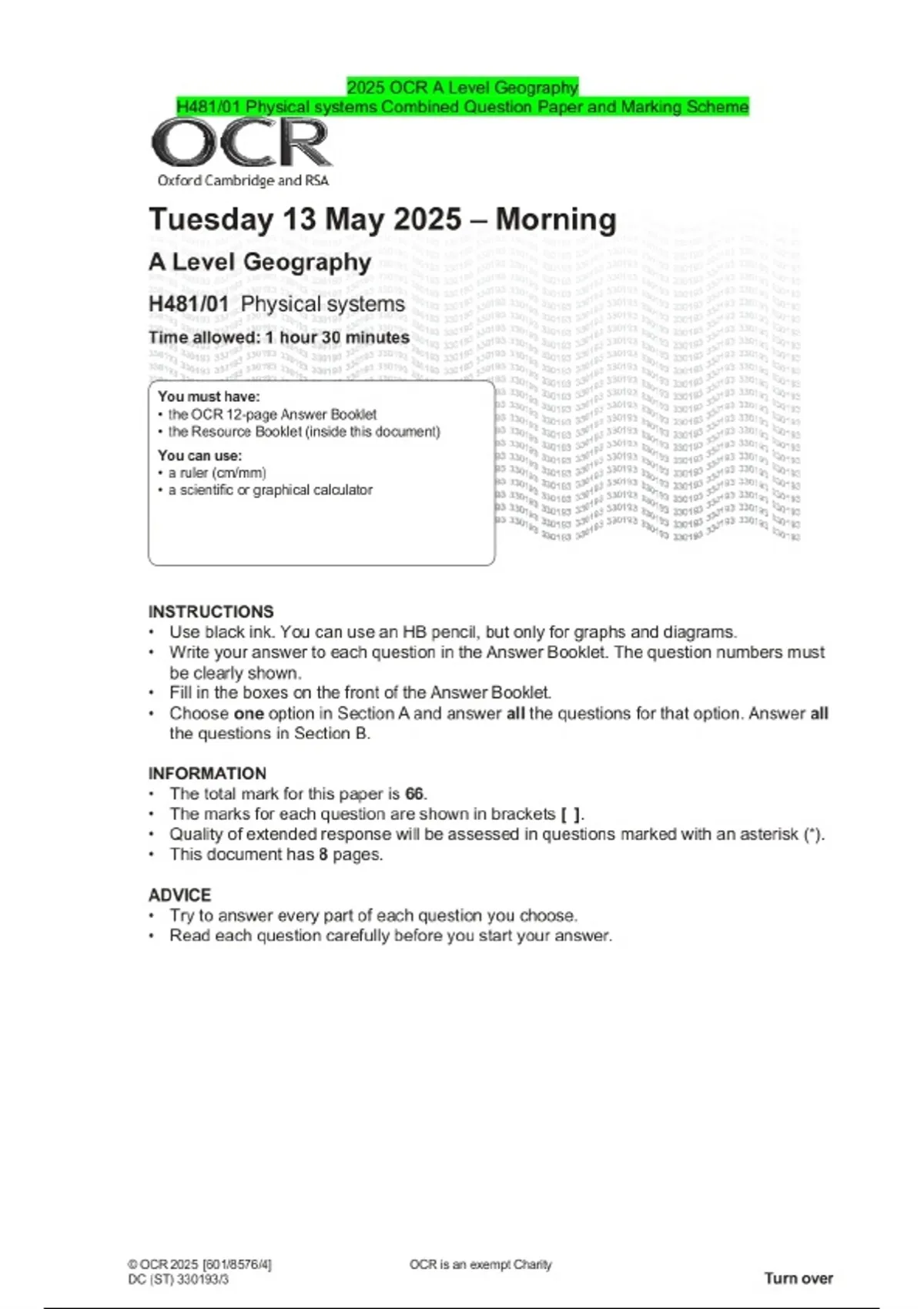 2025 OCR A Level Geography H481/01 Physical systems Combined Question ...