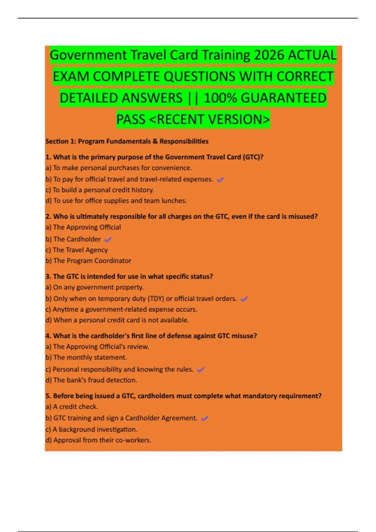 Government Travel Card Training 2026 ACTUAL EXAM COMPLETE QUESTIONS ...