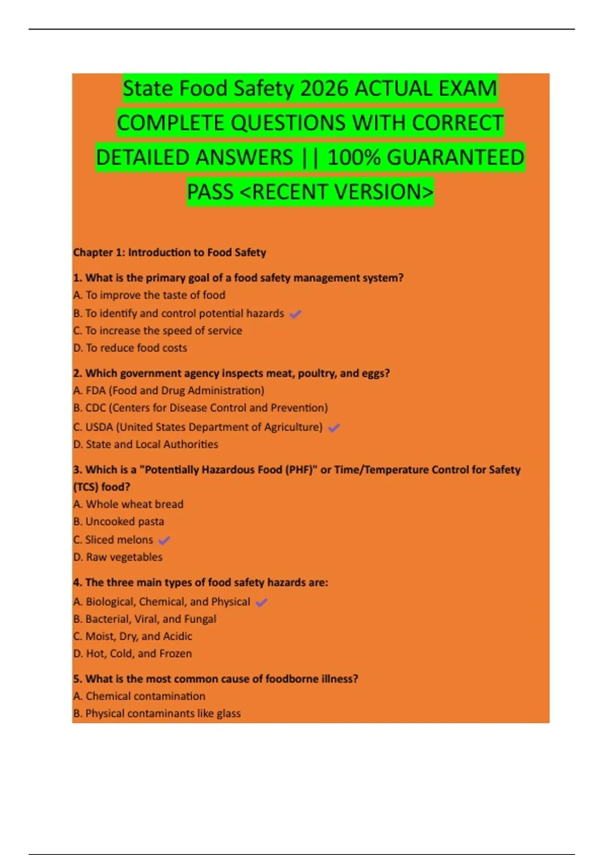 State Food Safety 2026 ACTUAL EXAM COMPLETE QUESTIONS WITH CORRECT ...