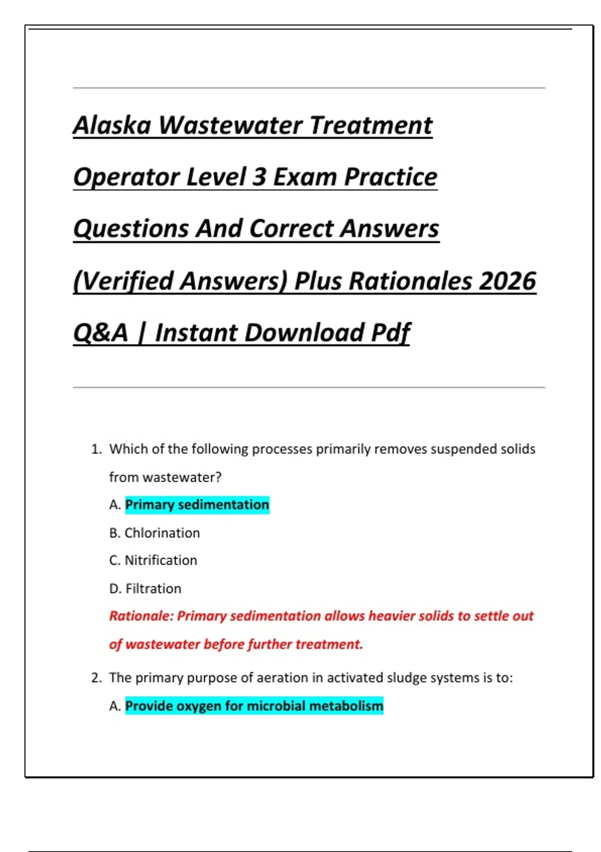 Alaska Wastewater Treatment Operator Level 3 Exam Practice Questions ...
