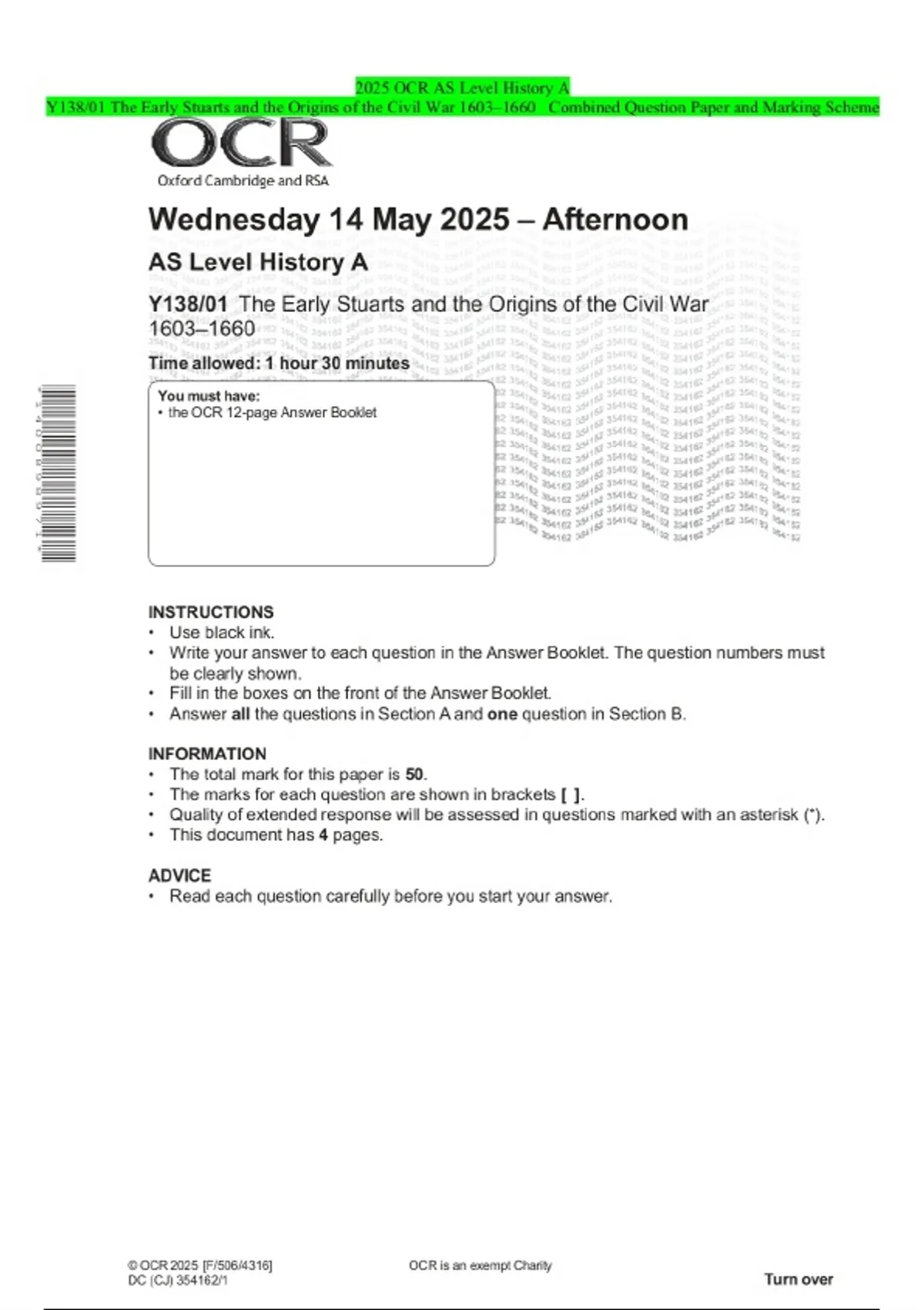 2025 OCR AS Level History A Y138/01 The Early Stuarts and the Origins ...