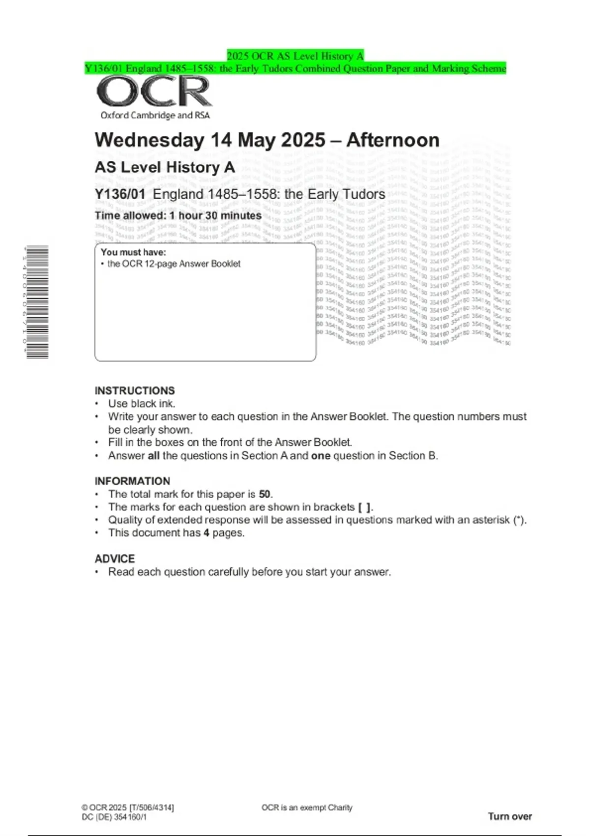 2025 OCR AS Level History A Y136/01 England 1485–1558: the Early Tudors ...