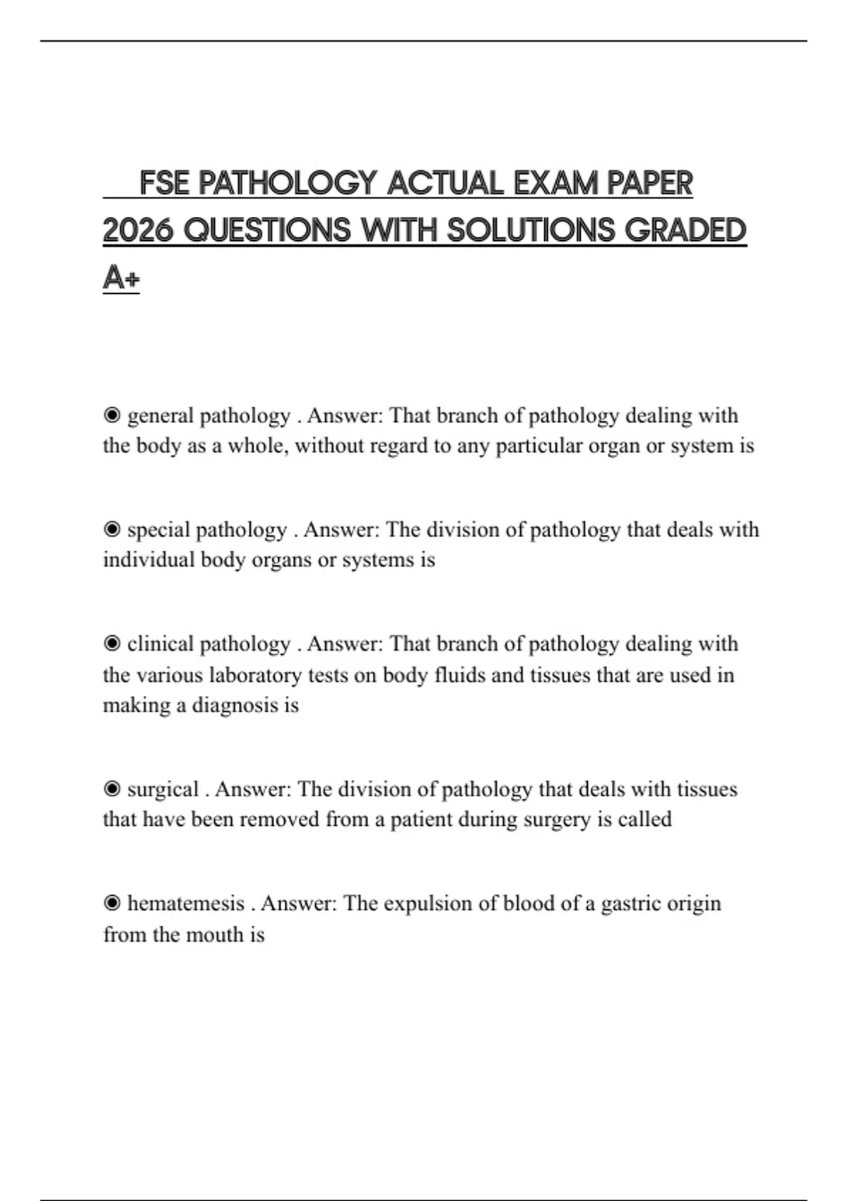 FSE PATHOLOGY ACTUAL EXAM PAPER 2026 QUESTIONS WITH SOLUTIONS GRADED A+ ...
