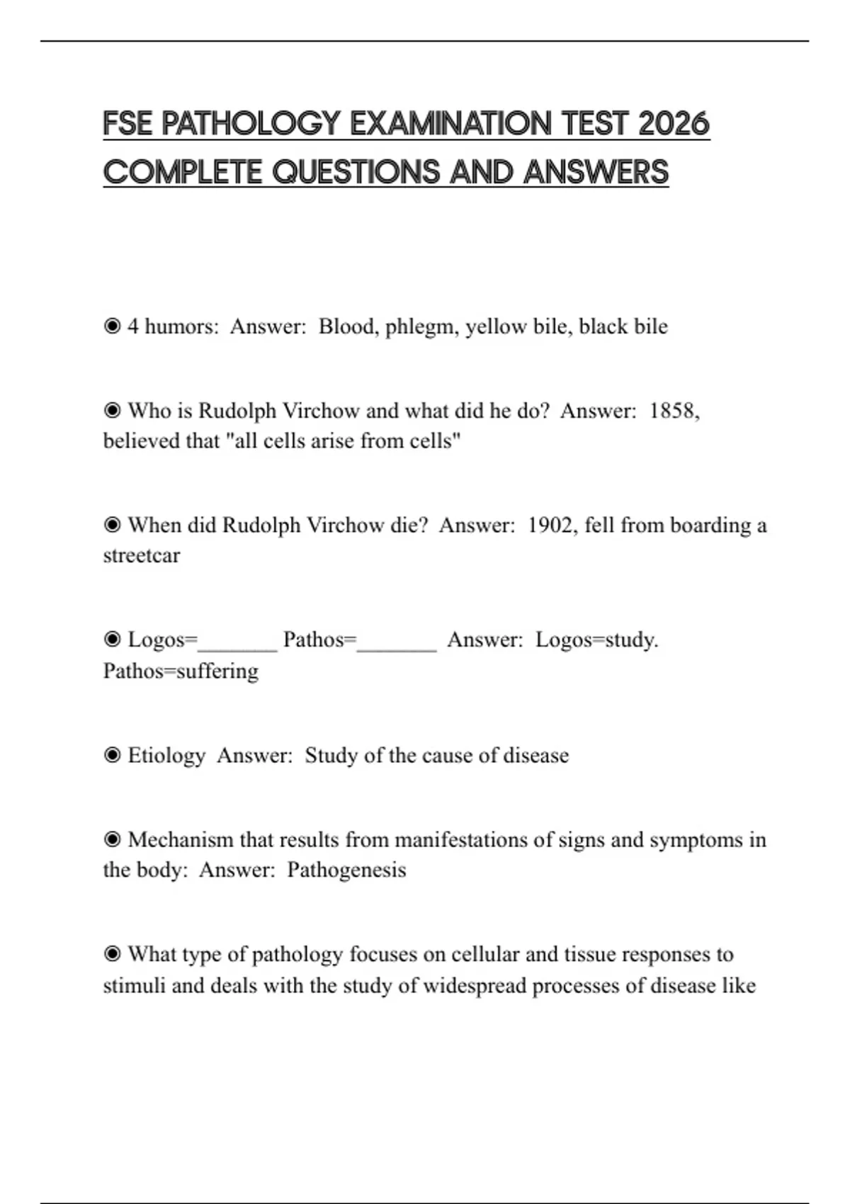FSE PATHOLOGY EXAMINATION TEST 2026 COMPLETE QUESTIONS AND ANSWERS ...