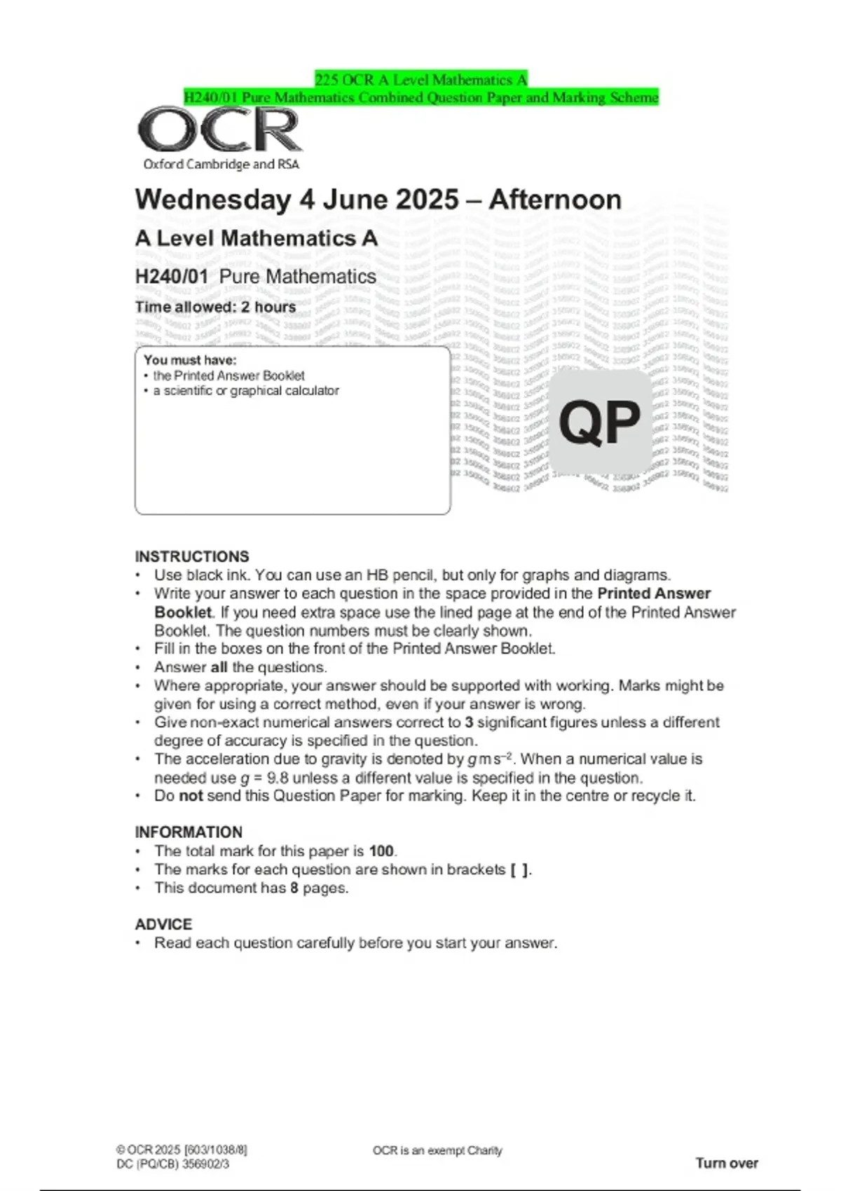 225 OCR A Level Mathematics A H240/01 Pure Mathematics Combined ...