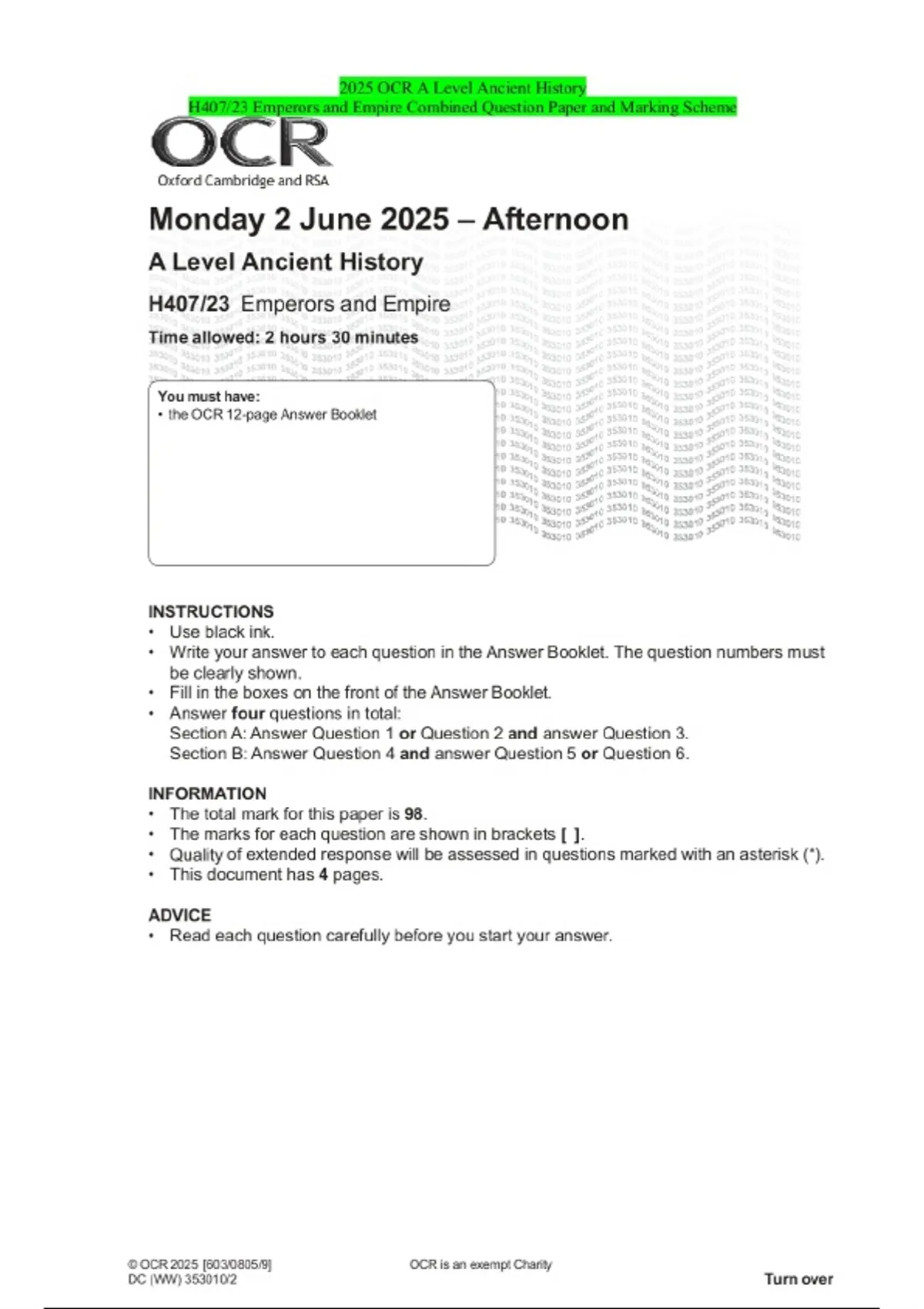 2025 OCR A Level Ancient History H407/23 Emperors and Empire Combined ...