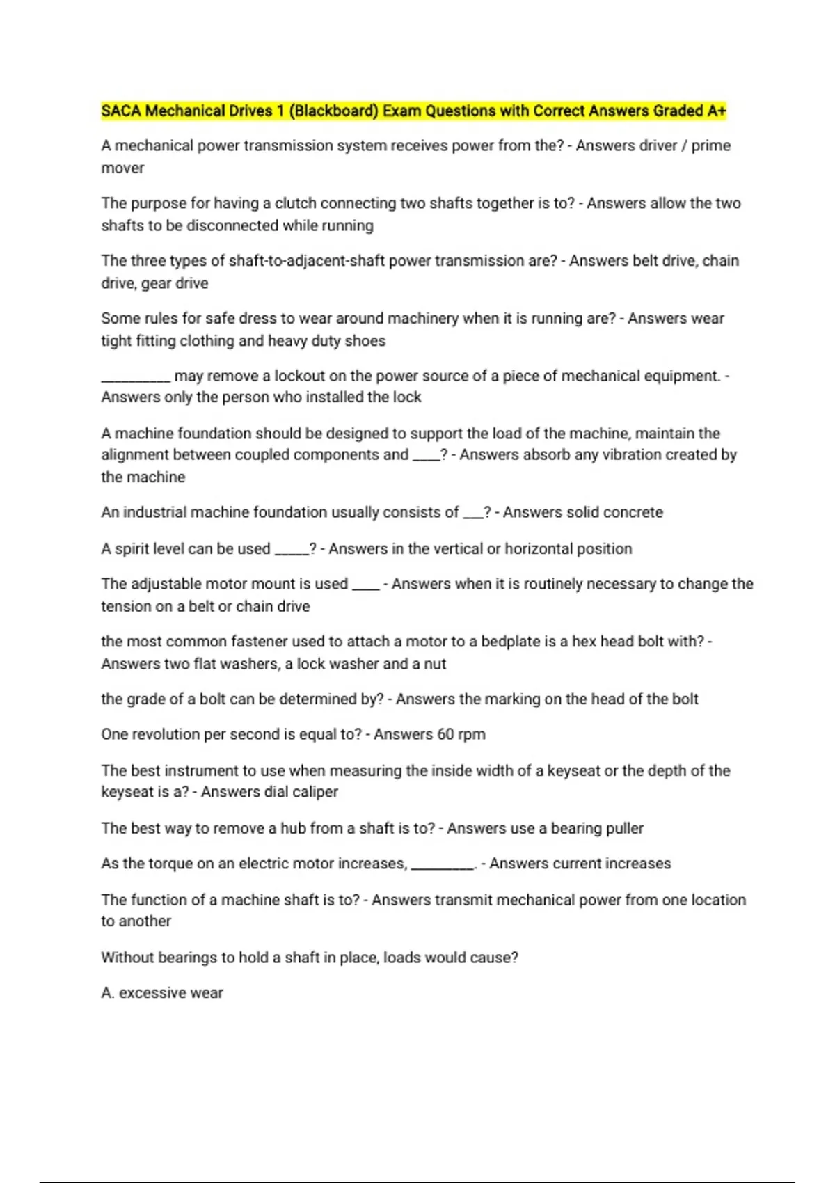 SACA Mechanical Drives 1 (Blackboard) Exam Questions with Correct ...