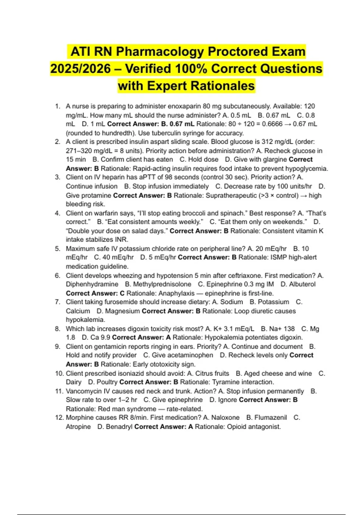 ATI RN Pharmacology Proctored Exam 2025/2026 – Verified 100% Correct ...