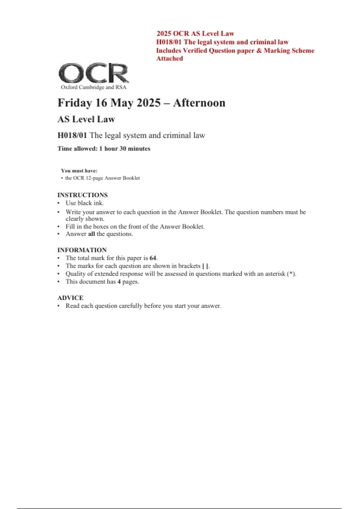 2025 OCR AS Level Law H018/01 The legal system and criminal law ...