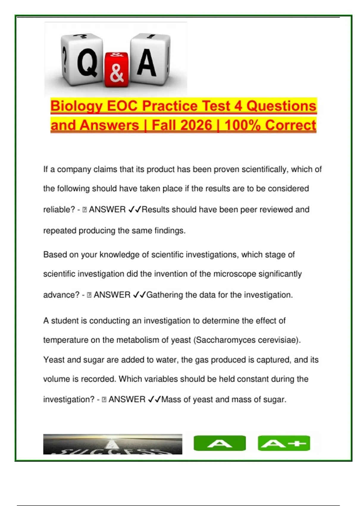 Biology EOC Practice Test 4 – Florida (60 Questions) | Scientific ...