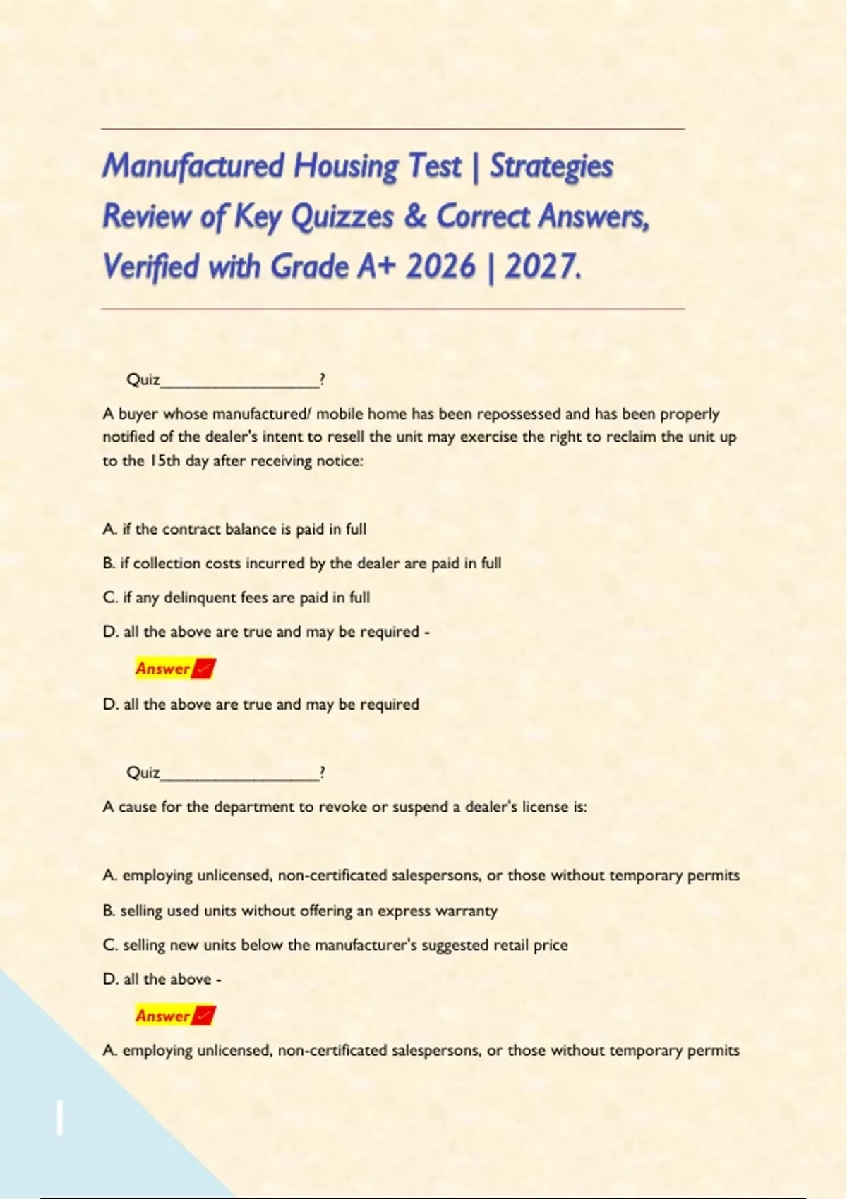 Manufactured Housing Test | Strategies Review of Key Quizzes & Correct ...
