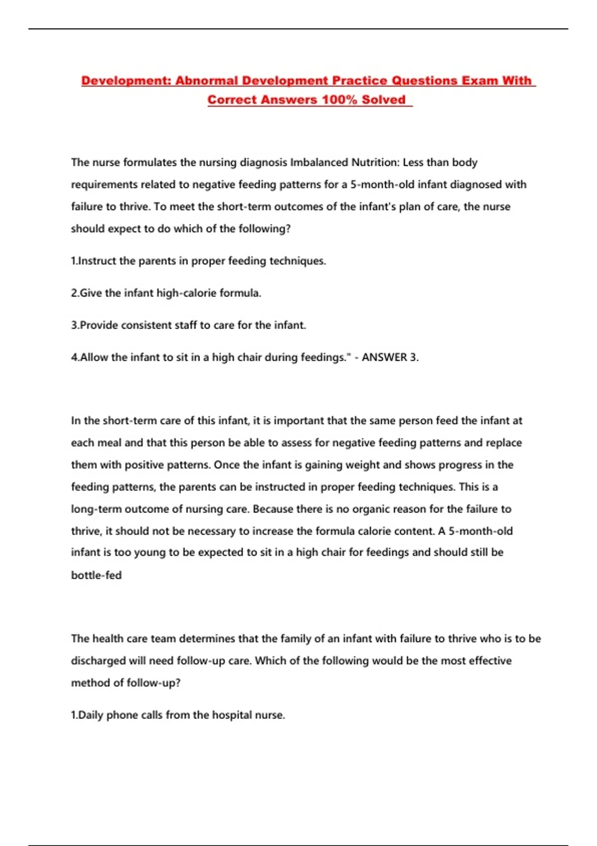 Development: Abnormal Development Practice Questions Exam With Correct ...