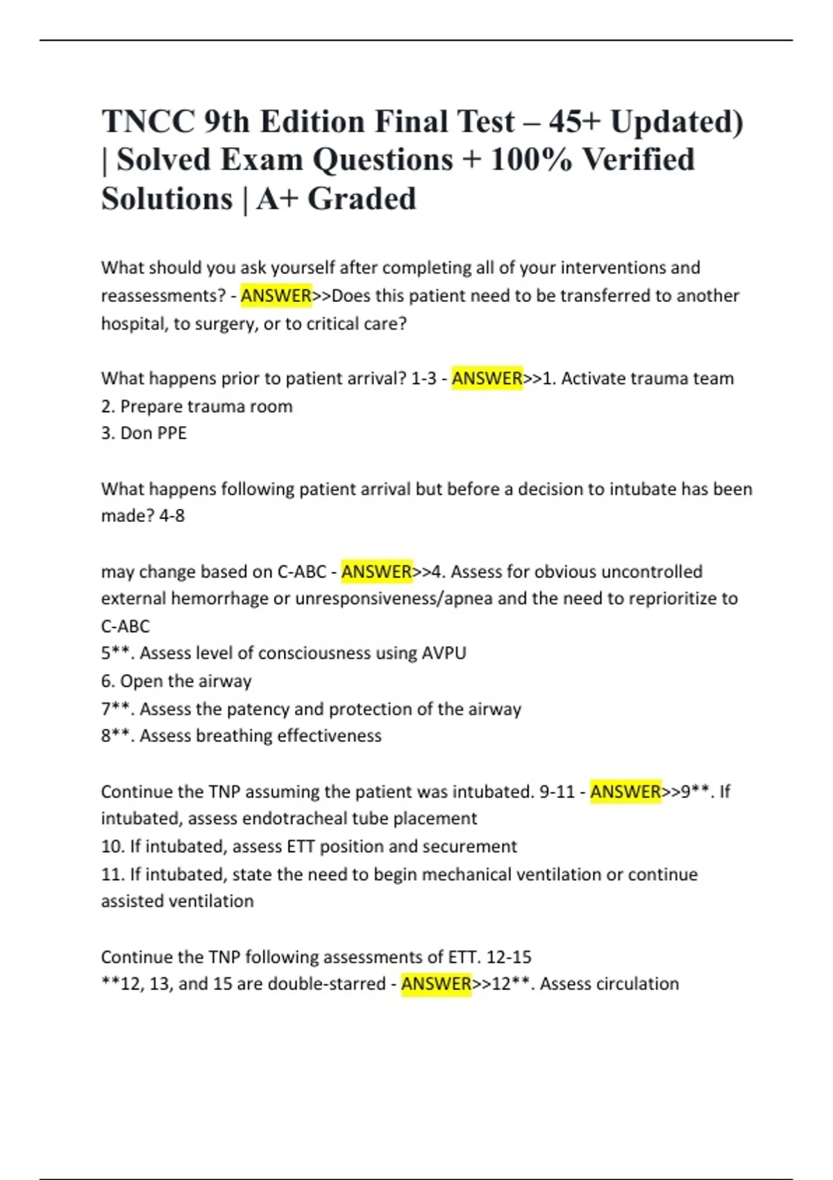 TNCC 9th Edition Final Test – 45+ Updated) | Solved Exam Questions ...
