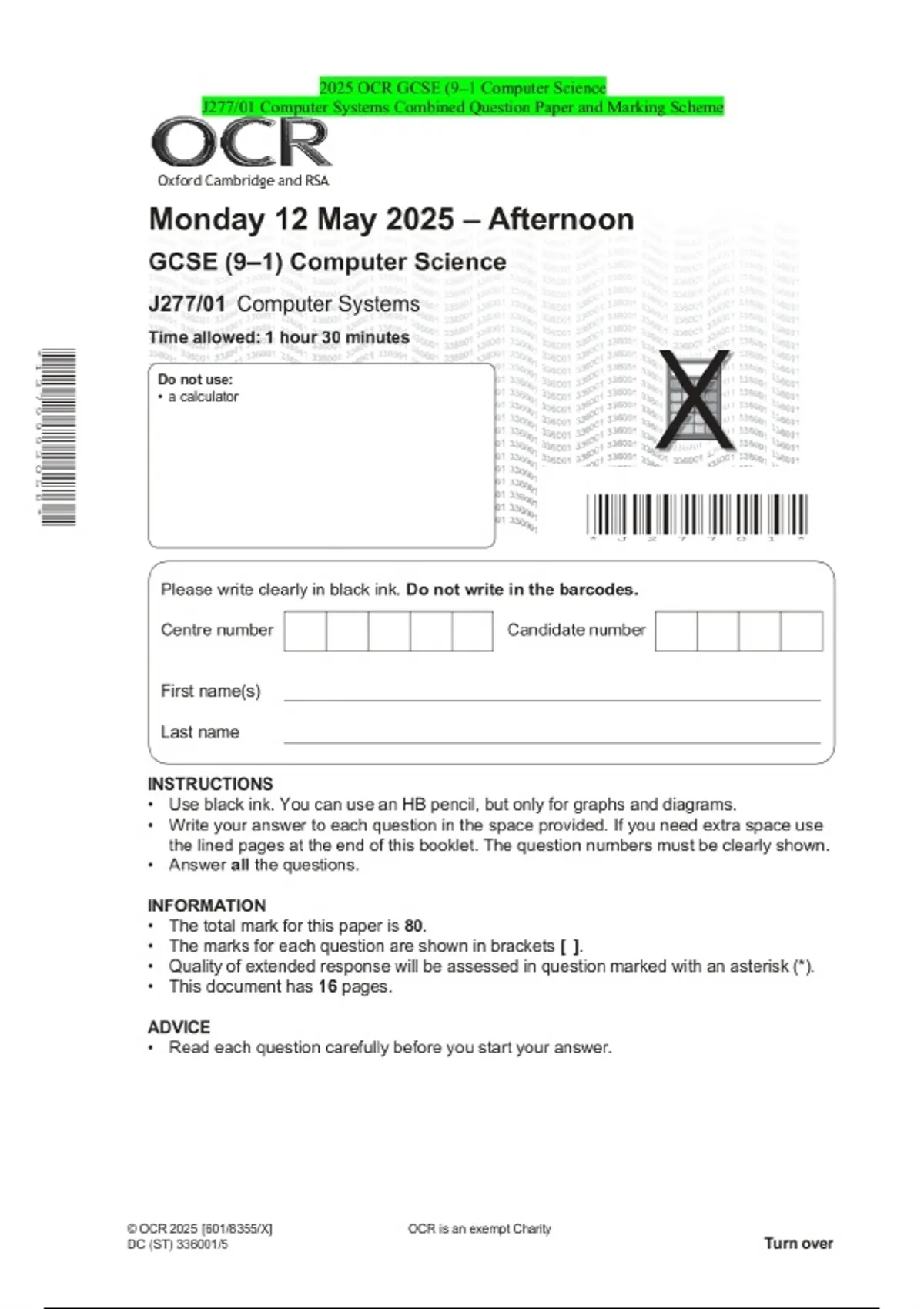 2025 OCR GCSE (9–1 Computer Science J277/01 Computer Systems Combined ...
