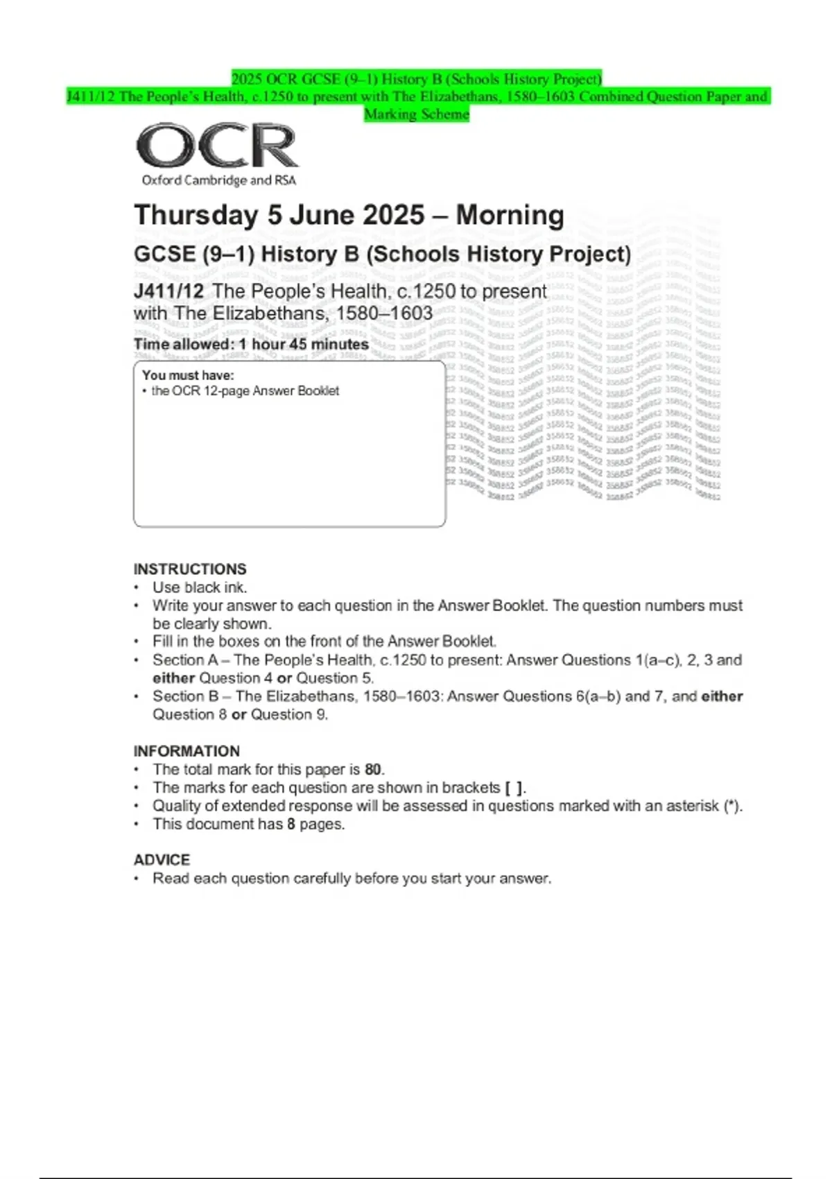 2025 OCR GCSE (9–1) History B (Schools History Project) J411/12 The ...