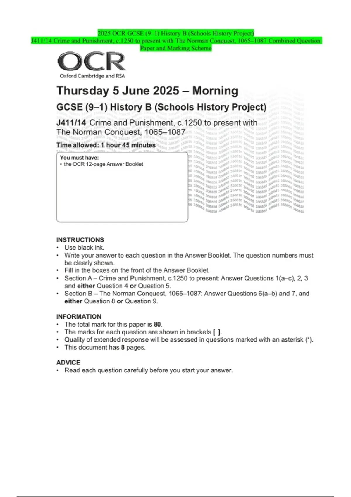 2025 OCR GCSE (9–1) History B (Schools History Project) J411/14 Crime ...