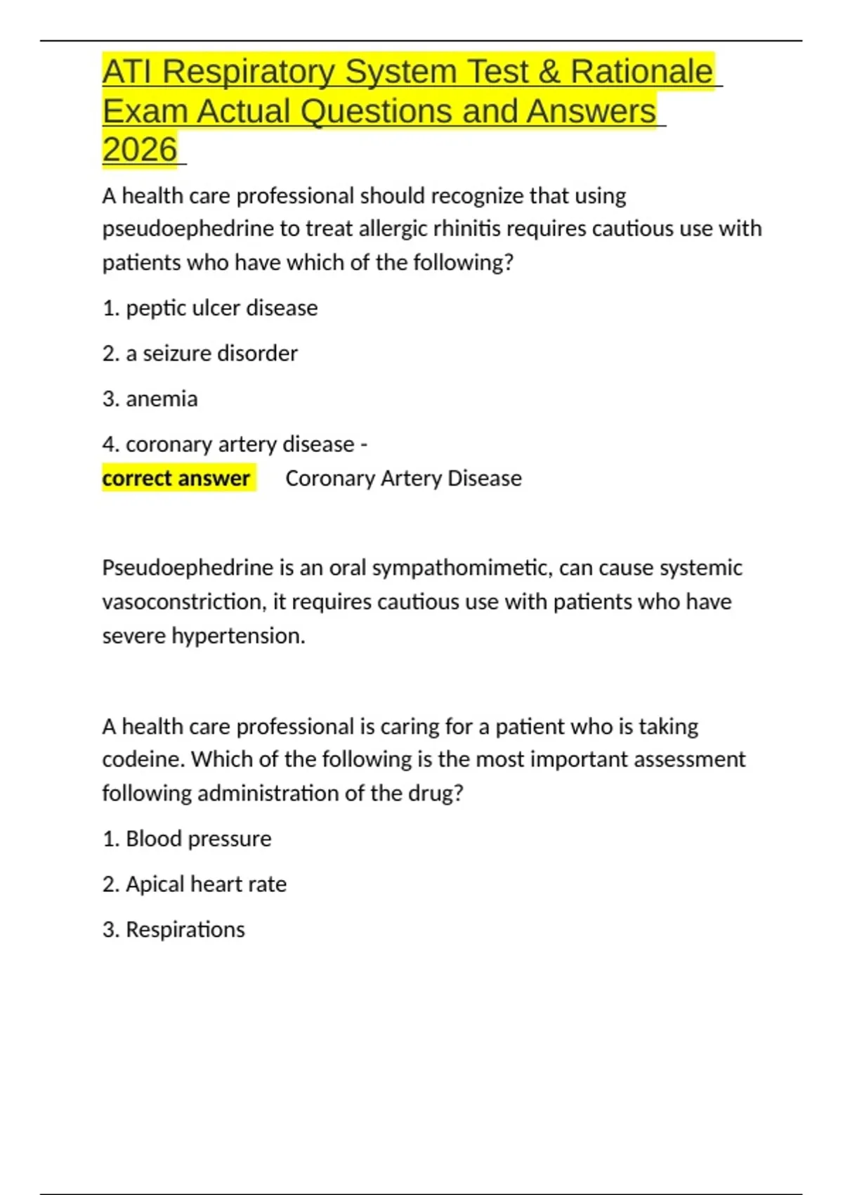 ATI Respiratory System Test & Rationale Exam Actual Questions and ...