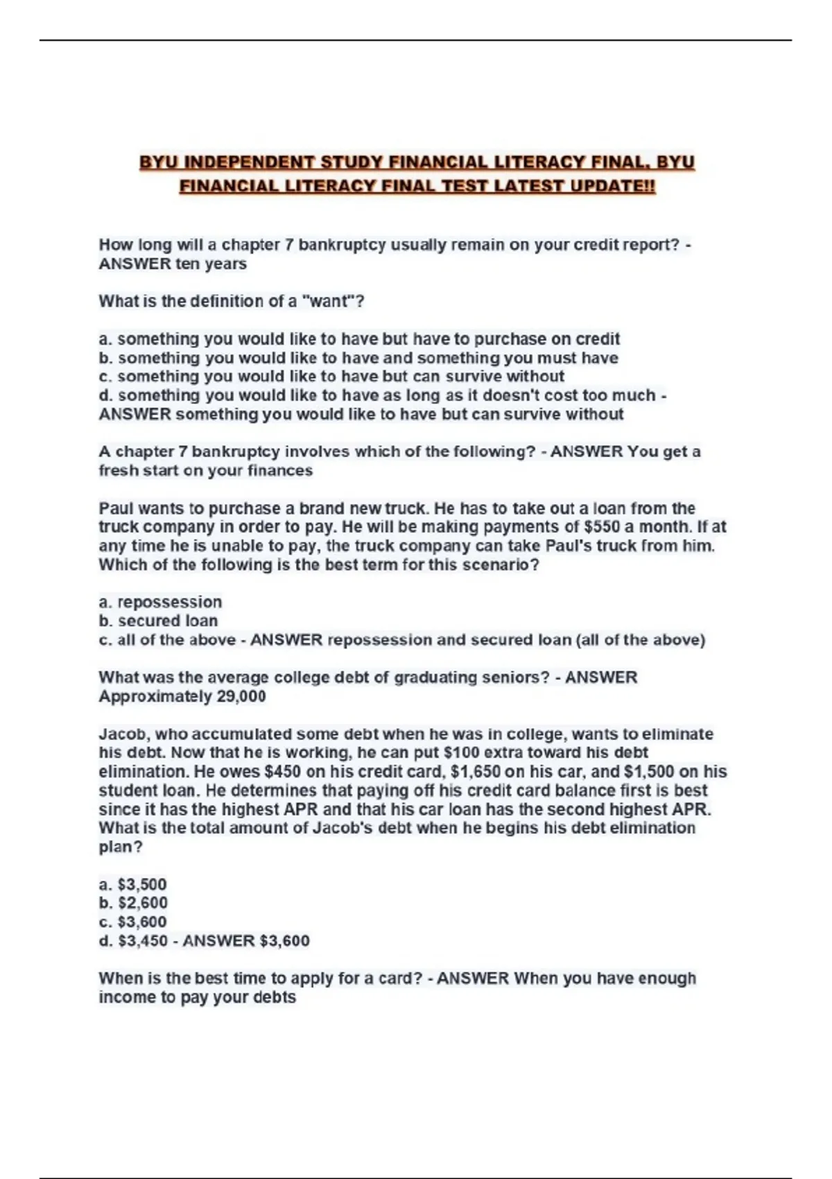 BYU INDEPENDENT STUDY FINANCIAL LITERACY FINAL, BYU FINANCIAL LITERACY ...