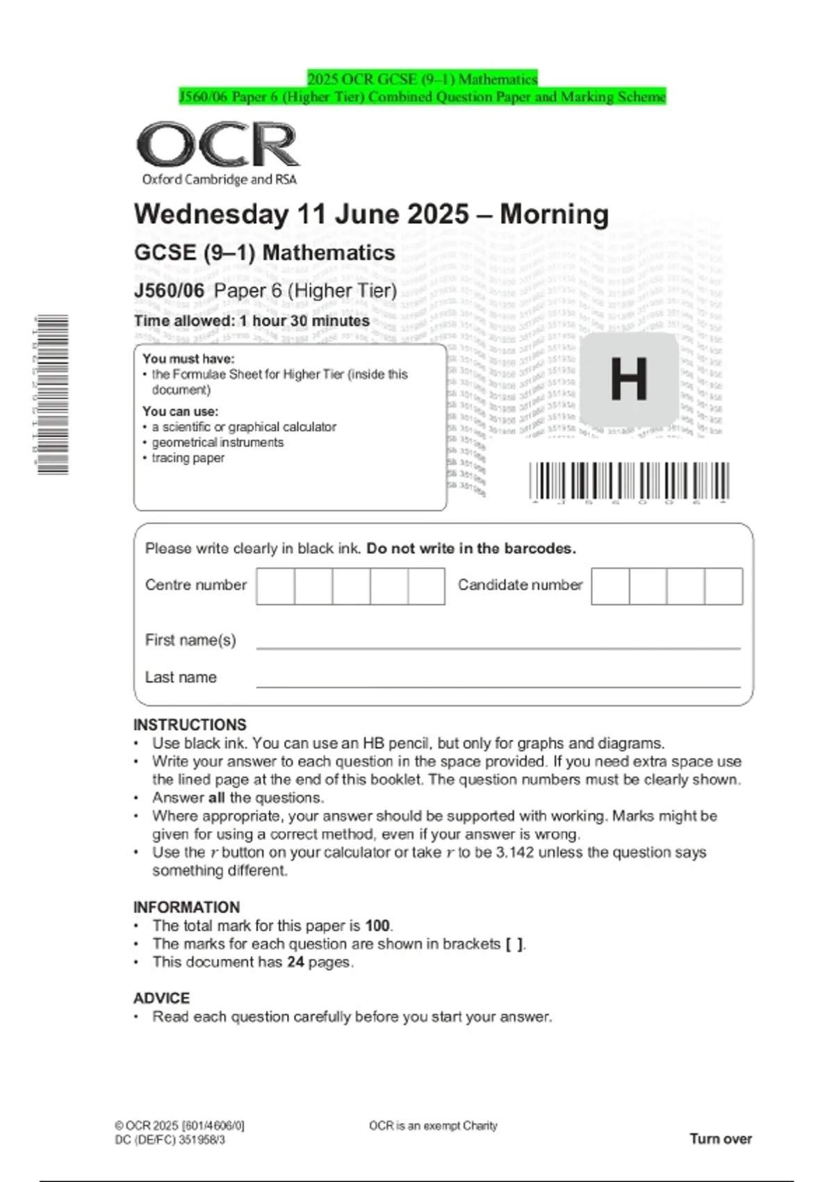 2025 OCR GCSE (9–1) Mathematics J560/06 Paper 6 (Higher Tier) Combined ...