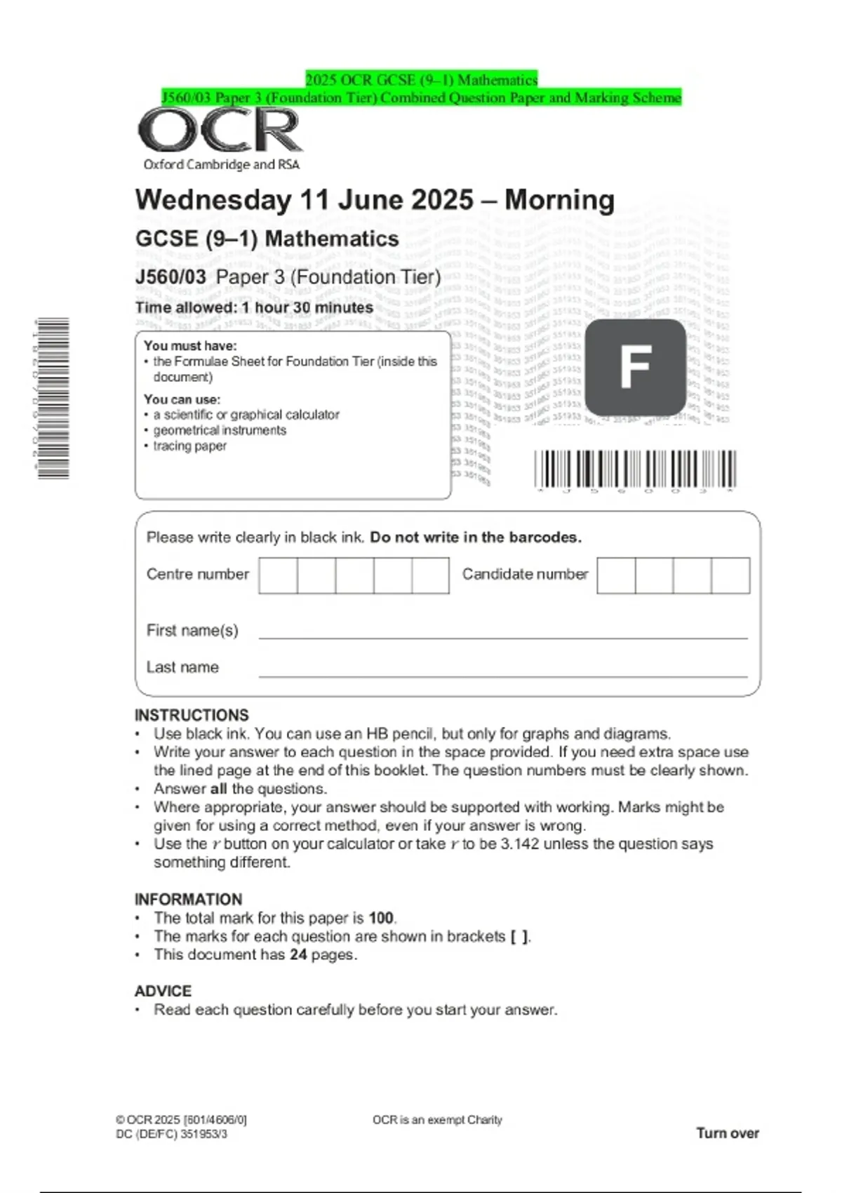 2025 OCR GCSE (9–1) Mathematics J560/03 Paper 3 (Foundation Tier ...
