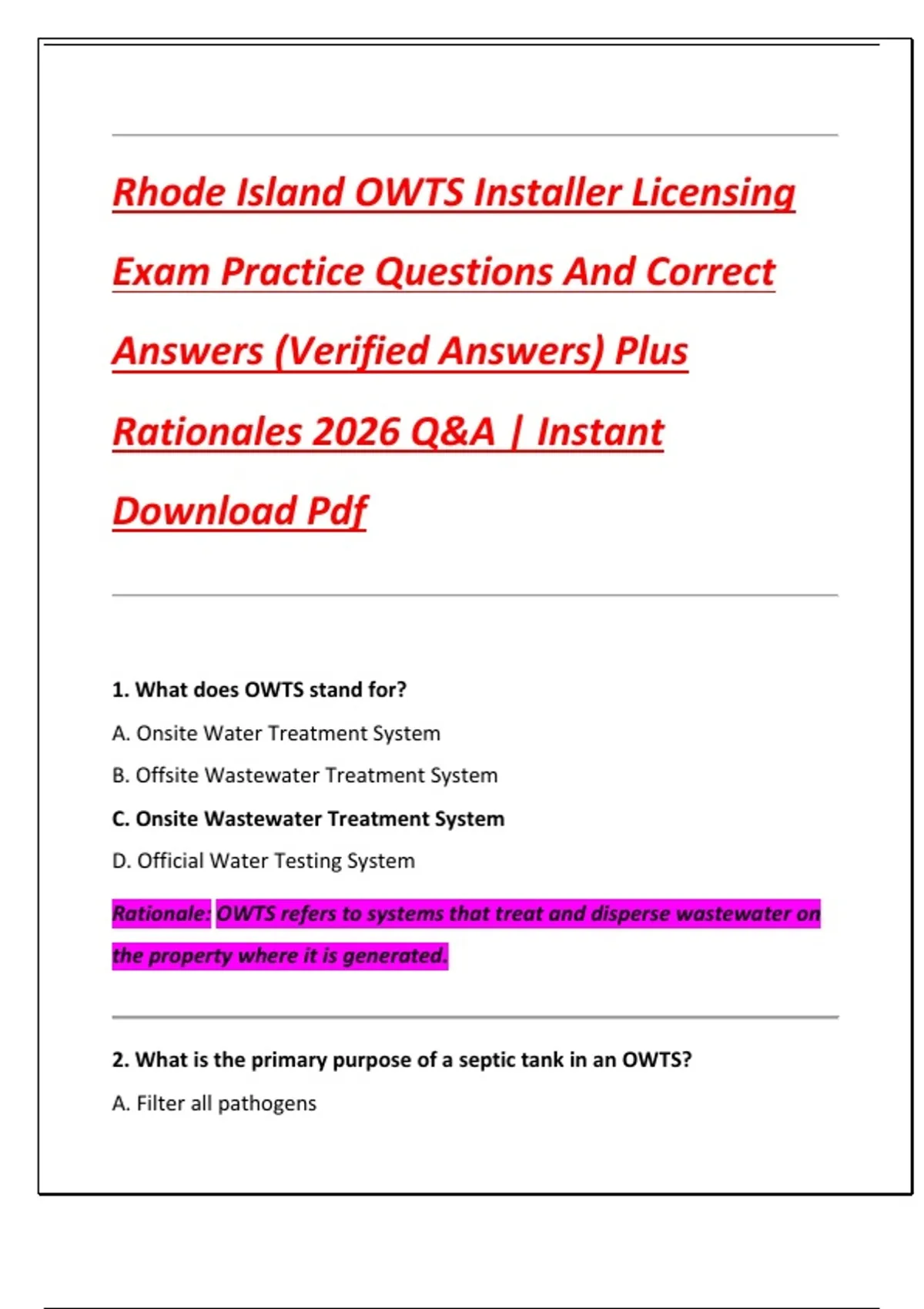 Rhode Island OWTS Installer Licensing Exam Practice Questions And ...