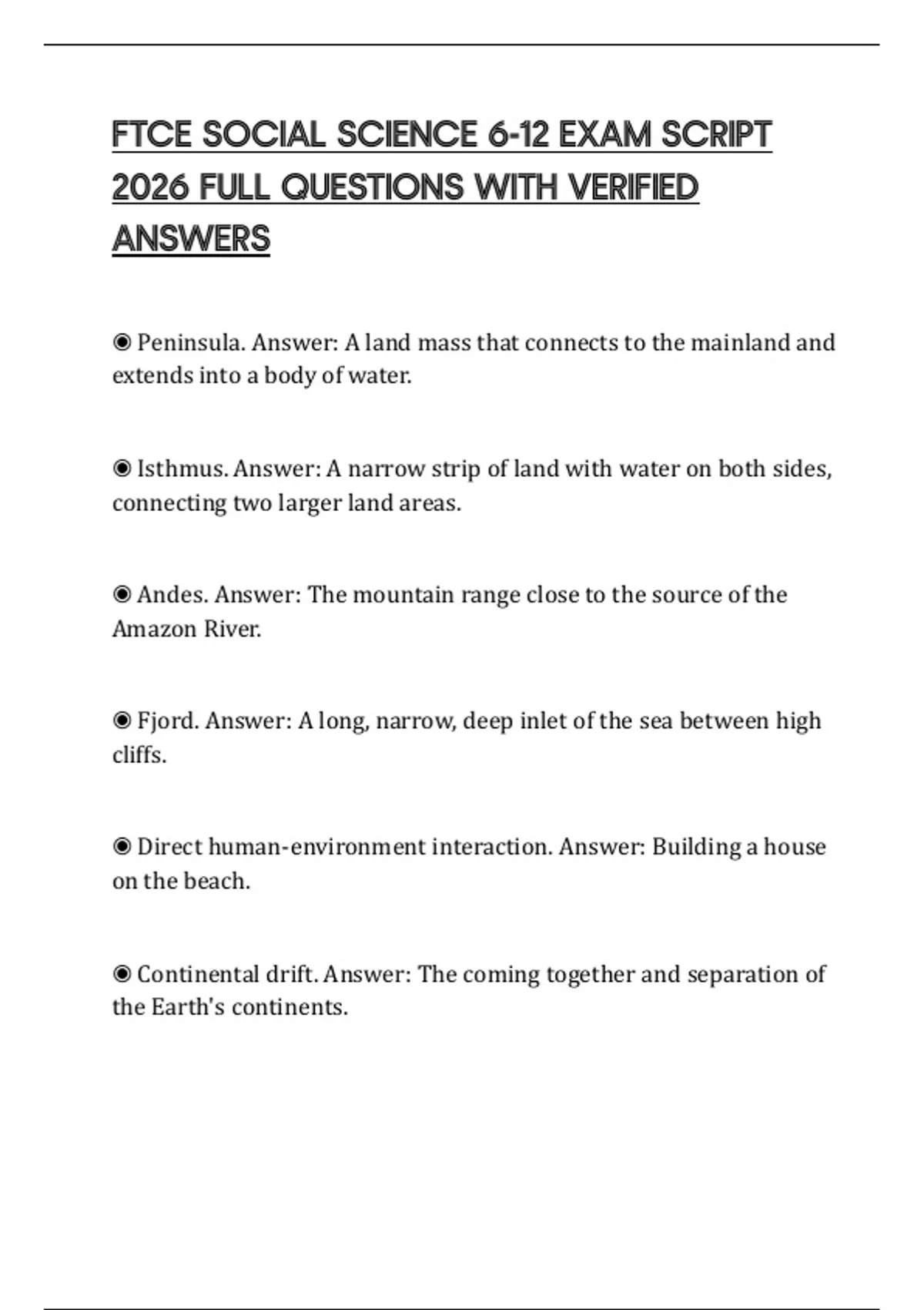 FTCE SOCIAL SCIENCE 6-12 EXAM SCRIPT 2026 FULL QUESTIONS WITH VERIFIED ...