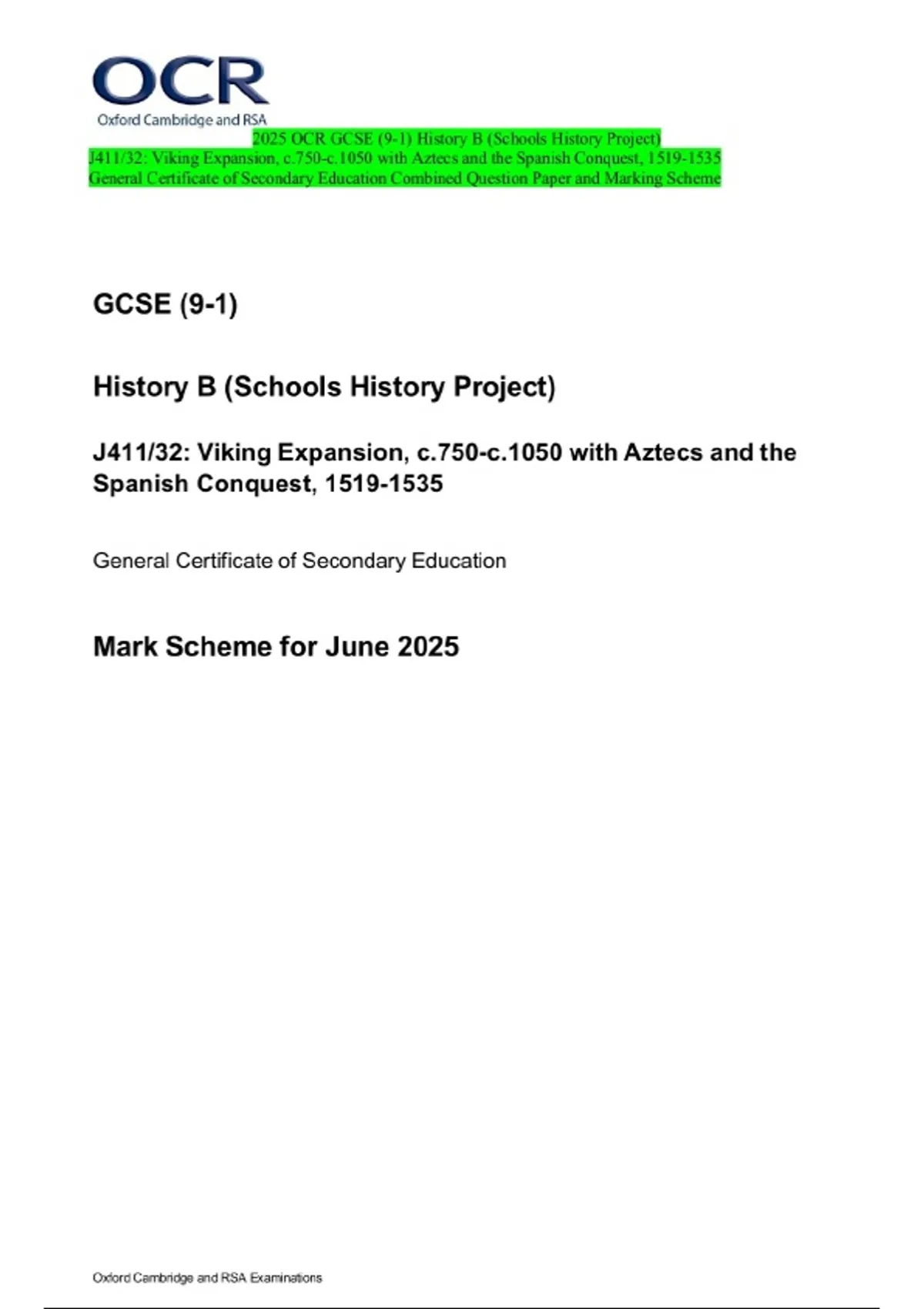 2025 OCR GCSE (9-1) History B (Schools History Project) J411/32: Viking ...
