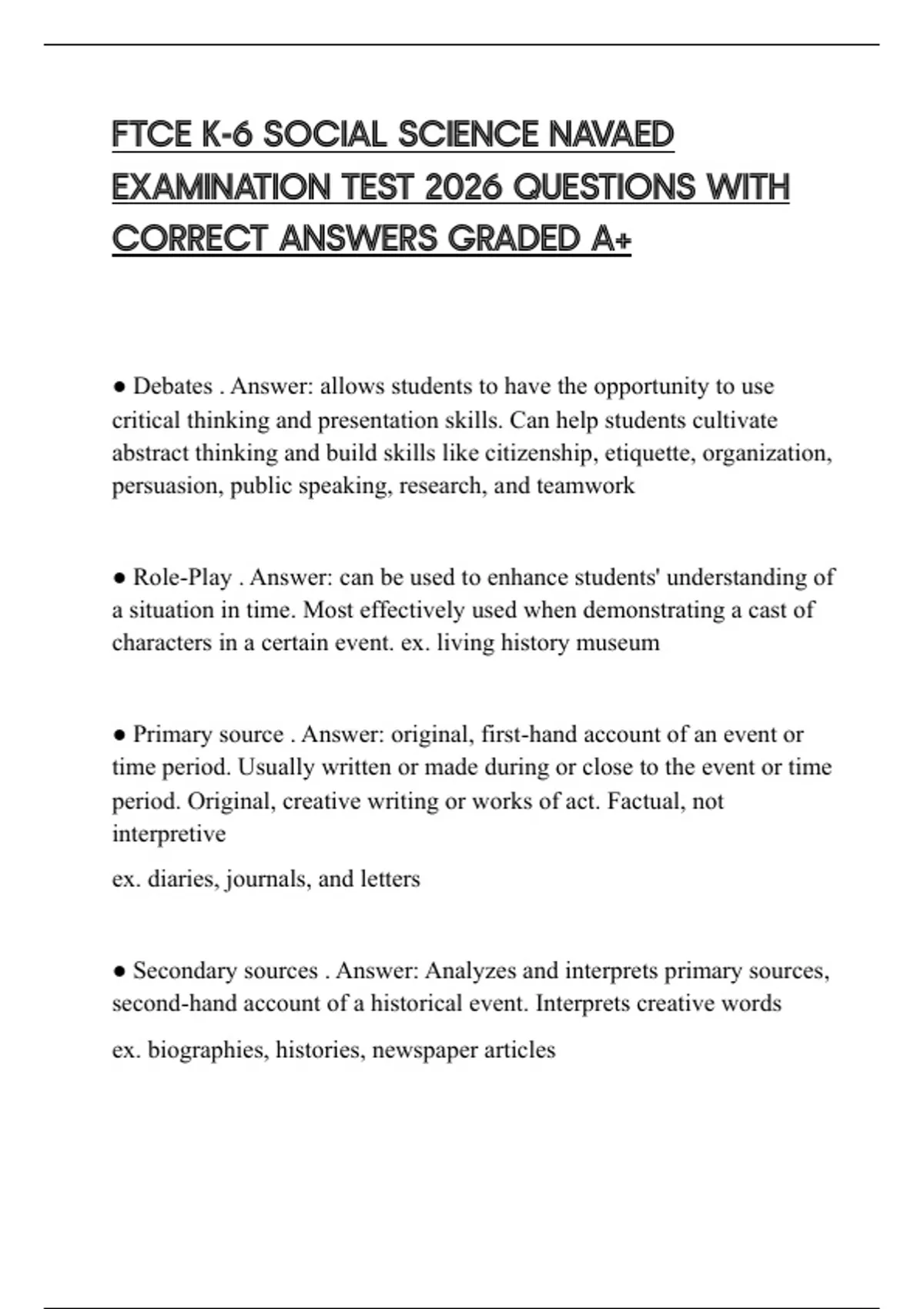 FTCE K-6 SOCIAL SCIENCE NAVAED EXAMINATION TEST 2026 QUESTIONS WITH ...