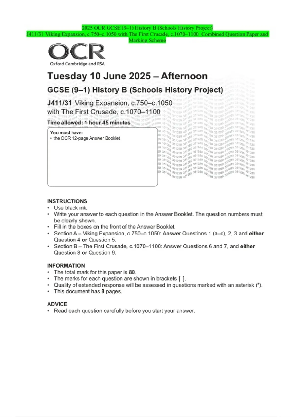 2025 OCR GCSE (9–1) History B (Schools History Project) J411/31 Viking ...