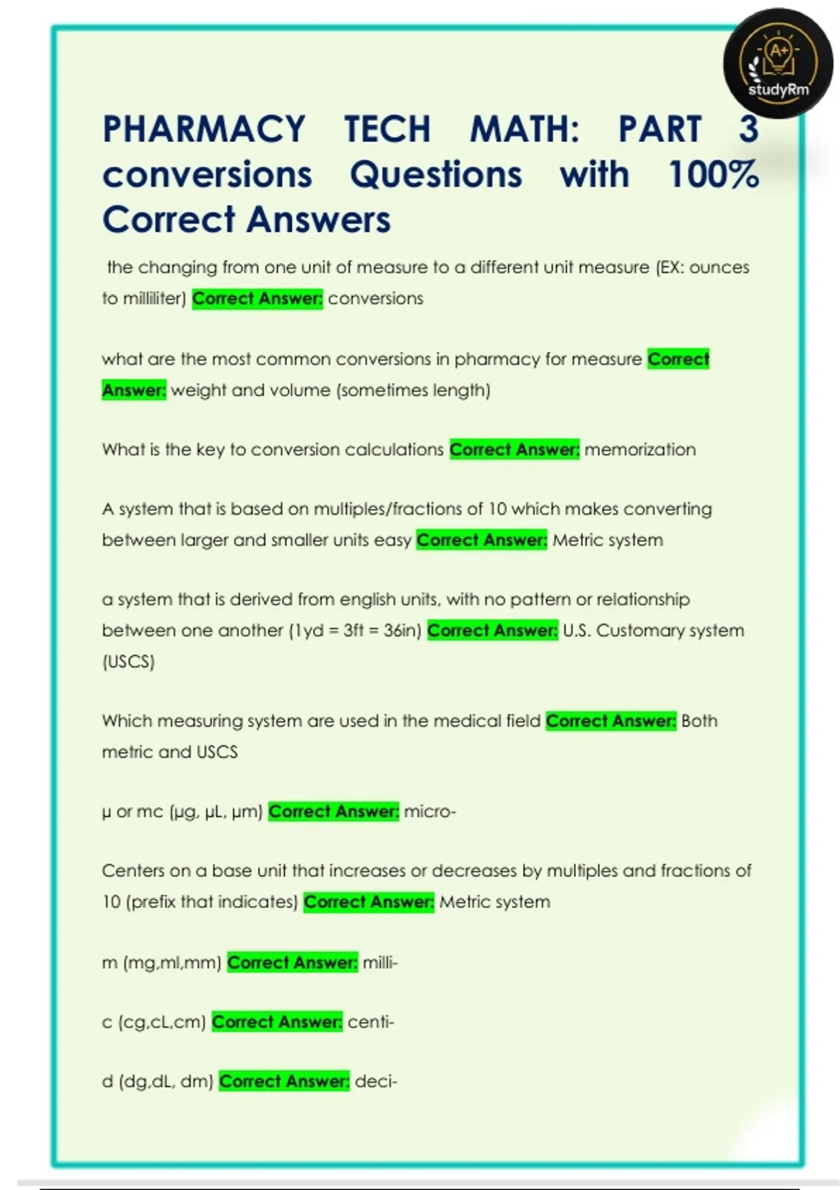 PHARMACY TECH MATH: PART 3 conversions Questions with 100% Correct ...