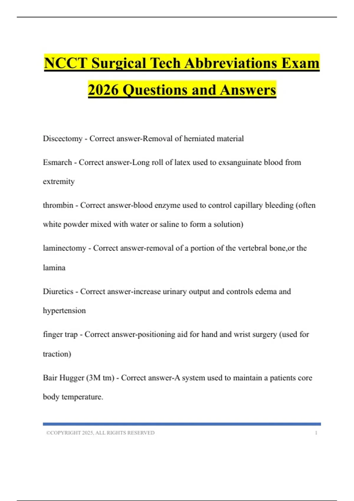 NCCT Surgical Tech Abbreviations Exam 2026 Questions and Answers - NCCT ...