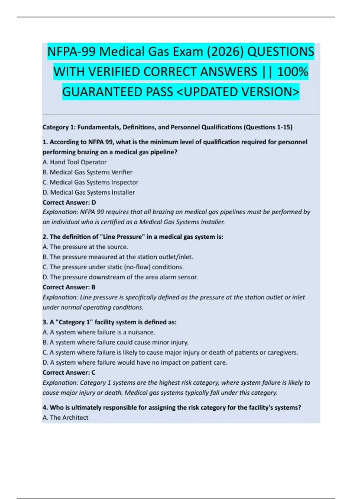 NFPA-99 Medical Gas Exam (2026) QUESTIONS WITH VERIFIED CORRECT ANSWERS ...