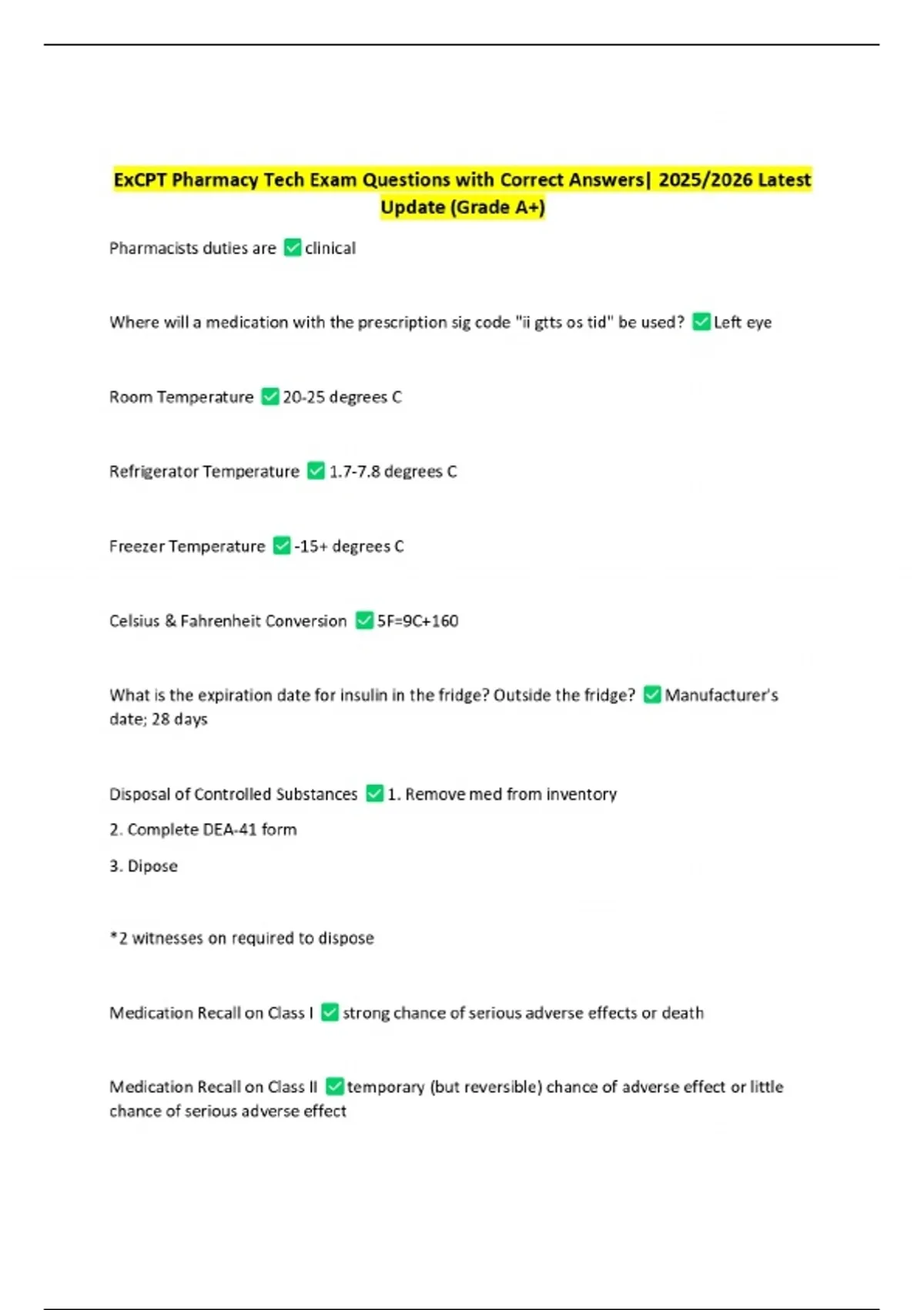 ExCPT Pharmacy Tech Exam Questions with Correct Answers| 2025/2026 ...