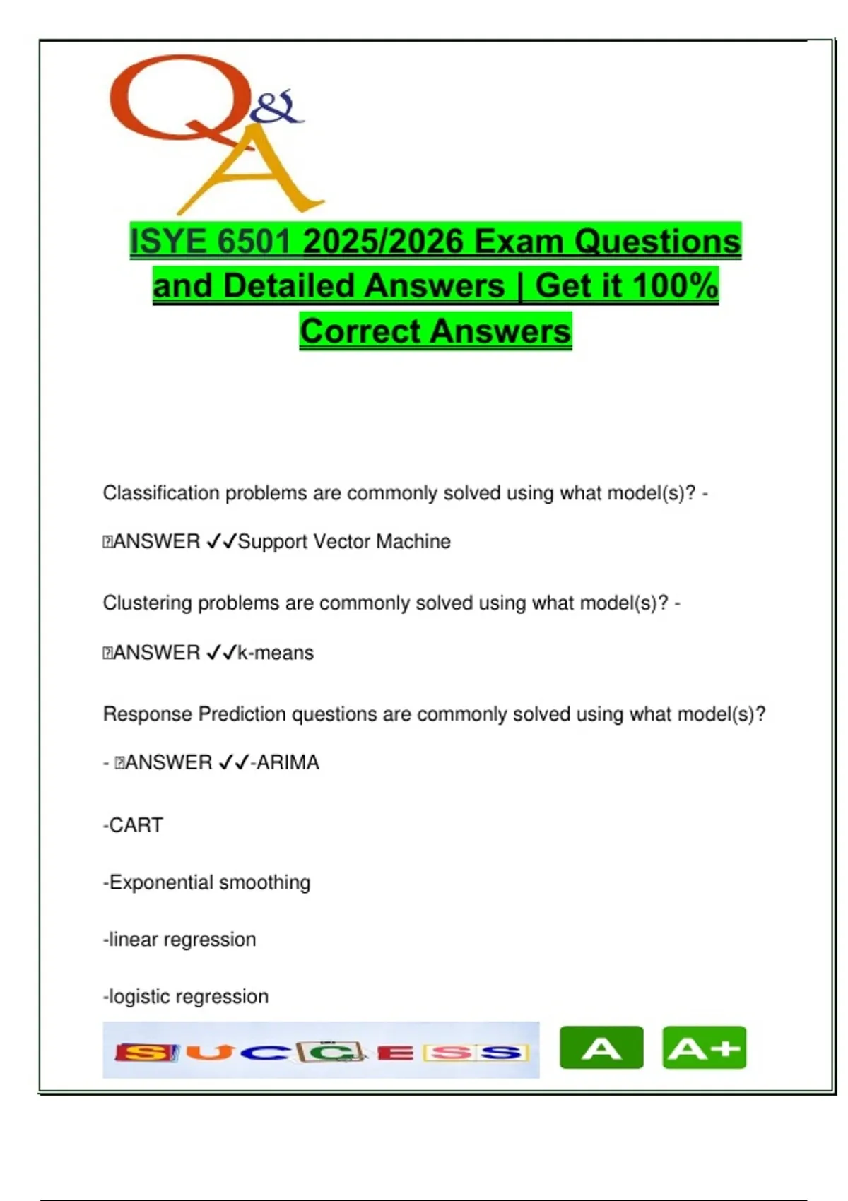 50 Exam Questions with Answers on Regression, Classification, PCA, Time ...