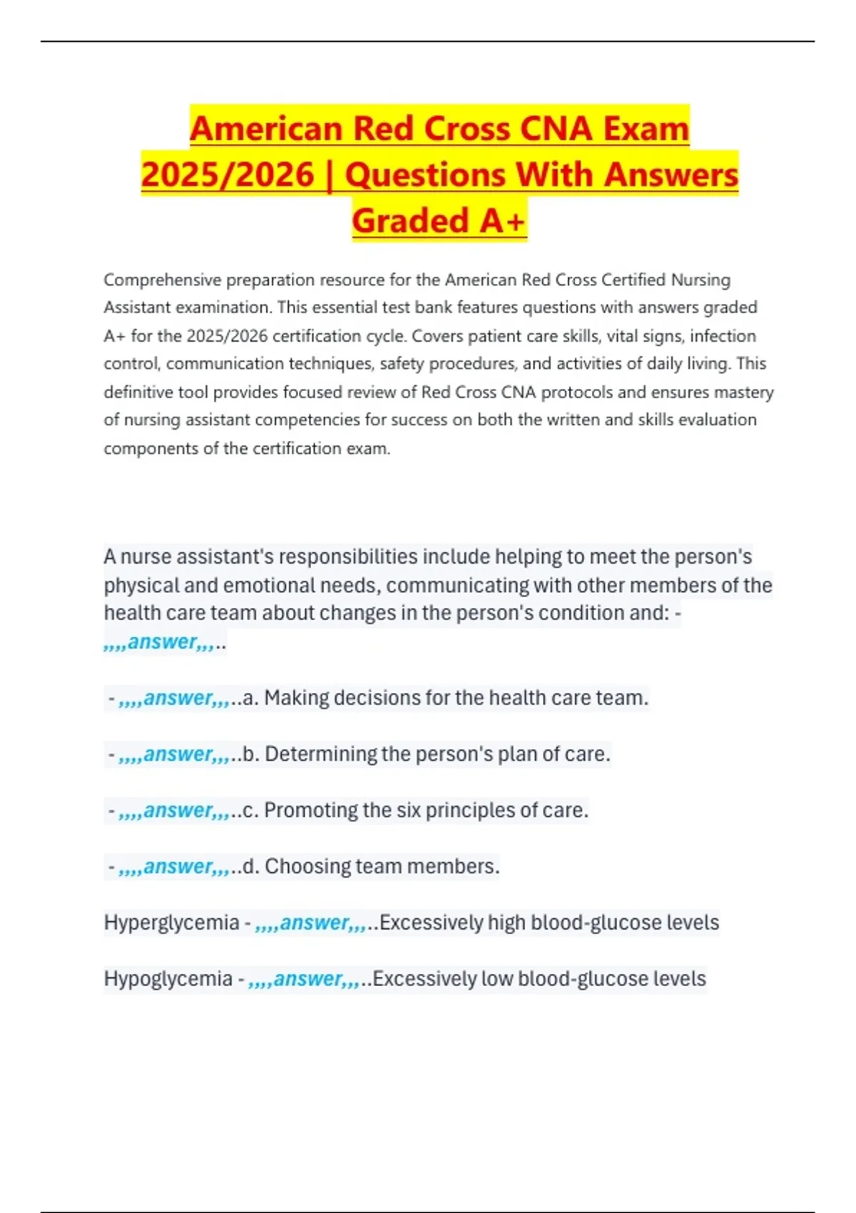 American Red Cross CNA Exam 2025/2026 | Questions With Answers Graded ...