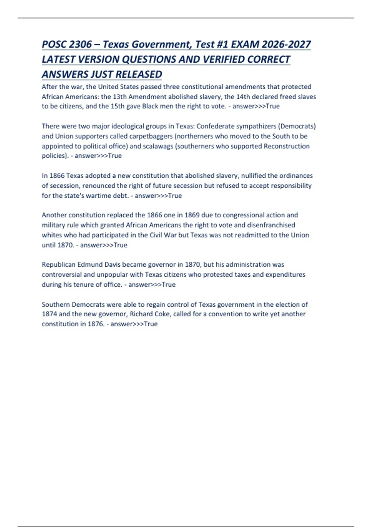 POSC 2306 – Texas Government, Test #1 EXAM LATEST VERSION QUESTIONS AND ...