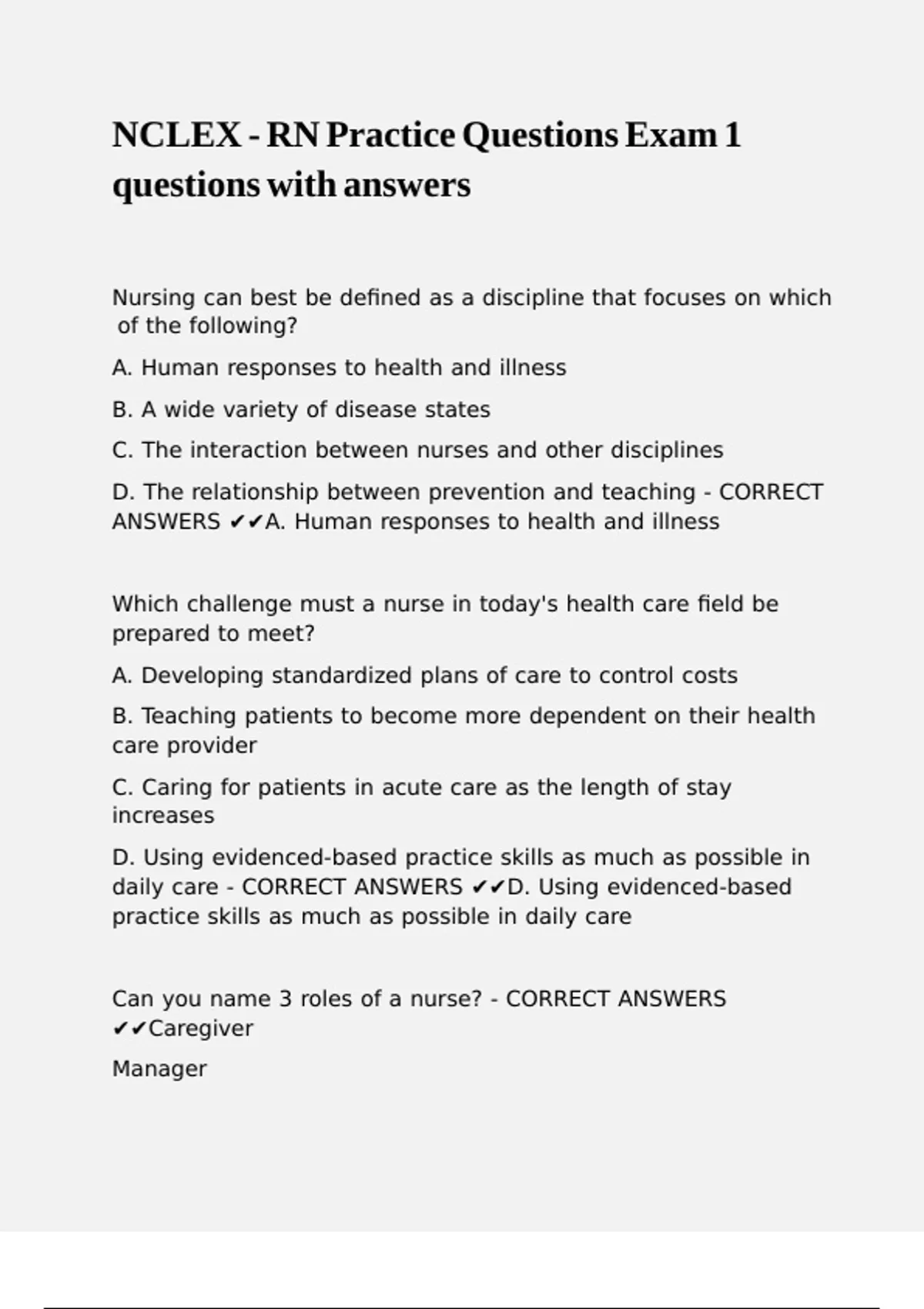 NCLEX - RN Practice Questions Exam 1 questions with answers - NCLEX ...