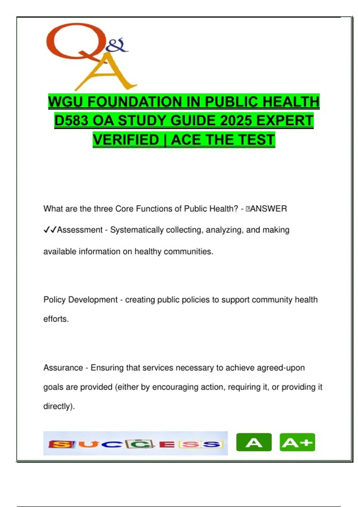 Public Health D583 OA Study Guide (100+ Q&A) – WGU | 2025 Verified ...