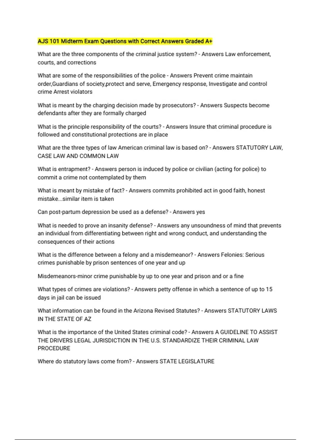 AJS 101 Midterm Exam Questions with Correct Answers Graded A+ - AJS 101 ...